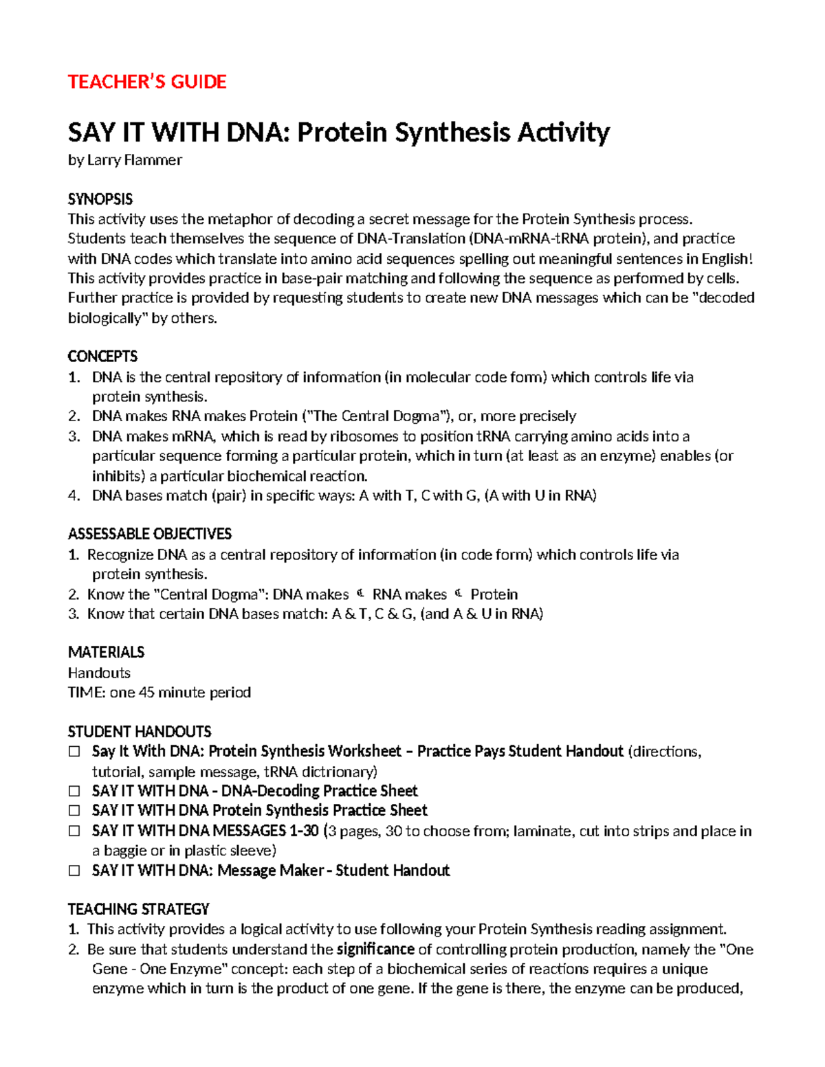 Say It With DNA: Protein Synthesis Activity Guide - Studocu