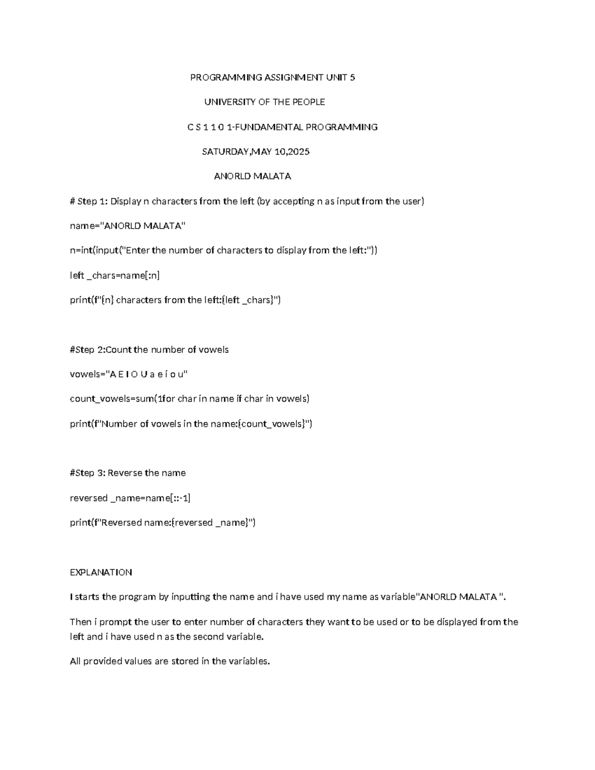 Programming Assignment Unit 5: C S 1 1 0 Programming Tasks - Studocu