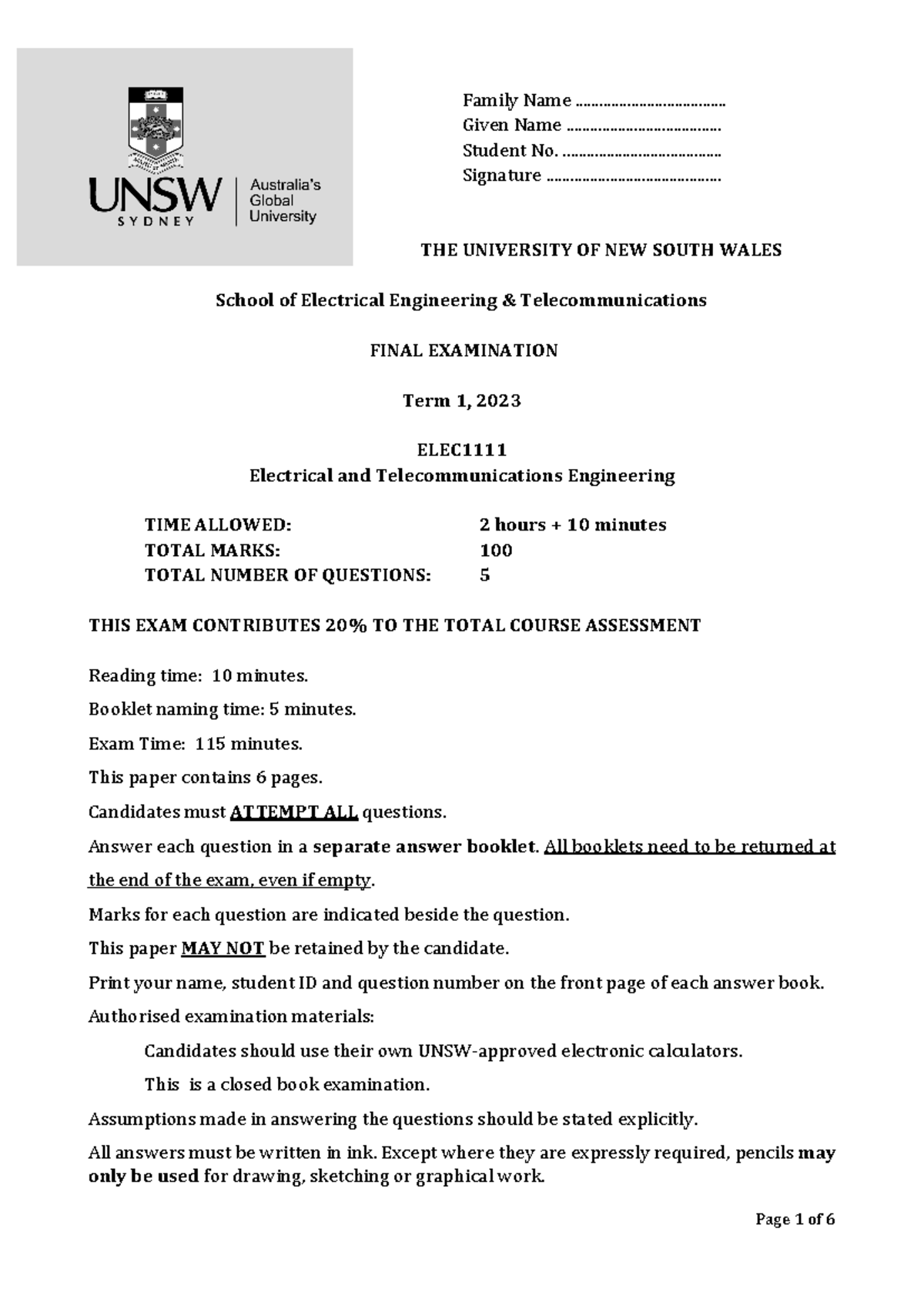 ELEC1111 Final Exam Paper - Electrical Engineering T1 2023 - Studocu