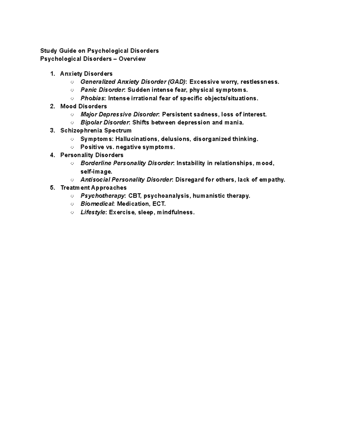 Study Guide on Psychological Disorders - Study Guide on Psychological ...