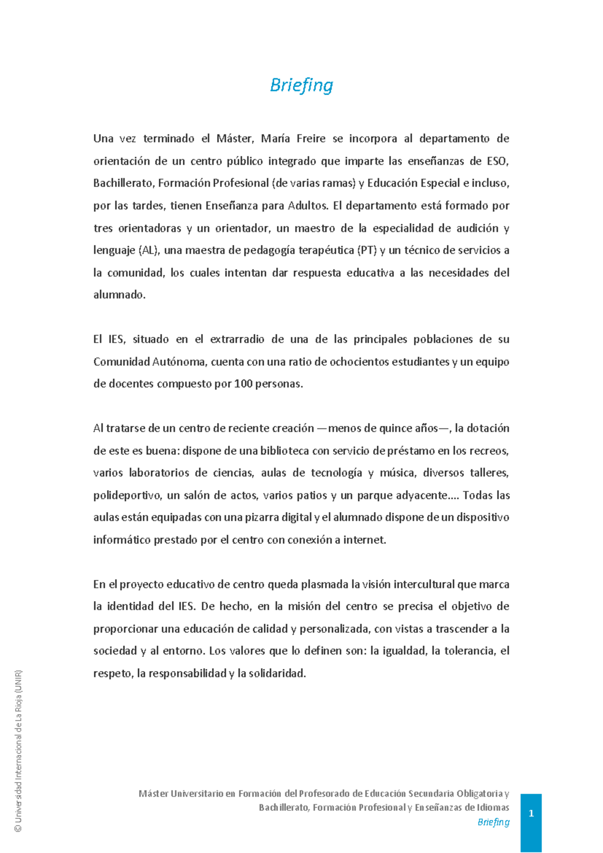 Briefing Actualizado: Máster en Formación del Profesorado (UNIR) - Studocu