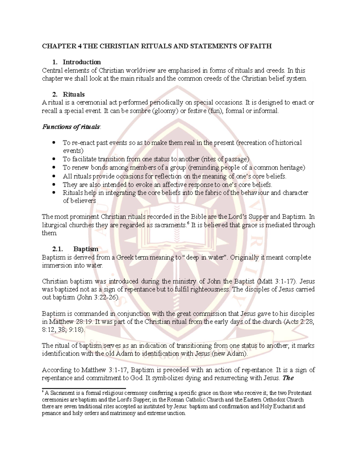 Lecture 7: Understanding Christian Rituals & Statements of Faith - Studocu