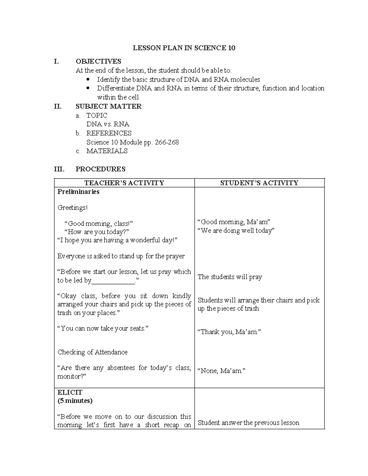 Science 10 Detailed Lesson Plan: DNA vs. RNA Comparison - Studocu