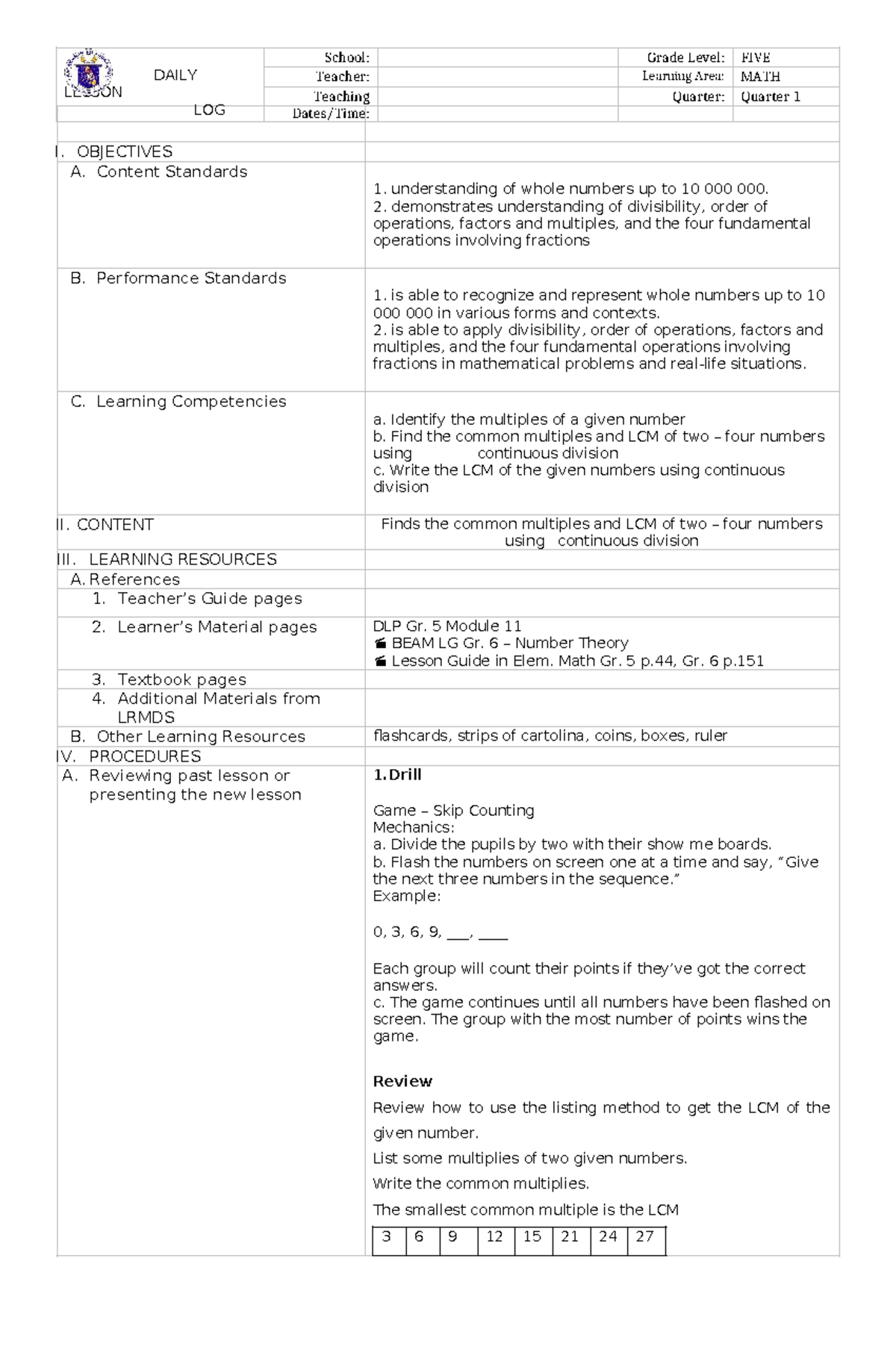 DLP Gr. 5 Math Lesson Plan: Understanding LCM and Whole Numbers - Studocu
