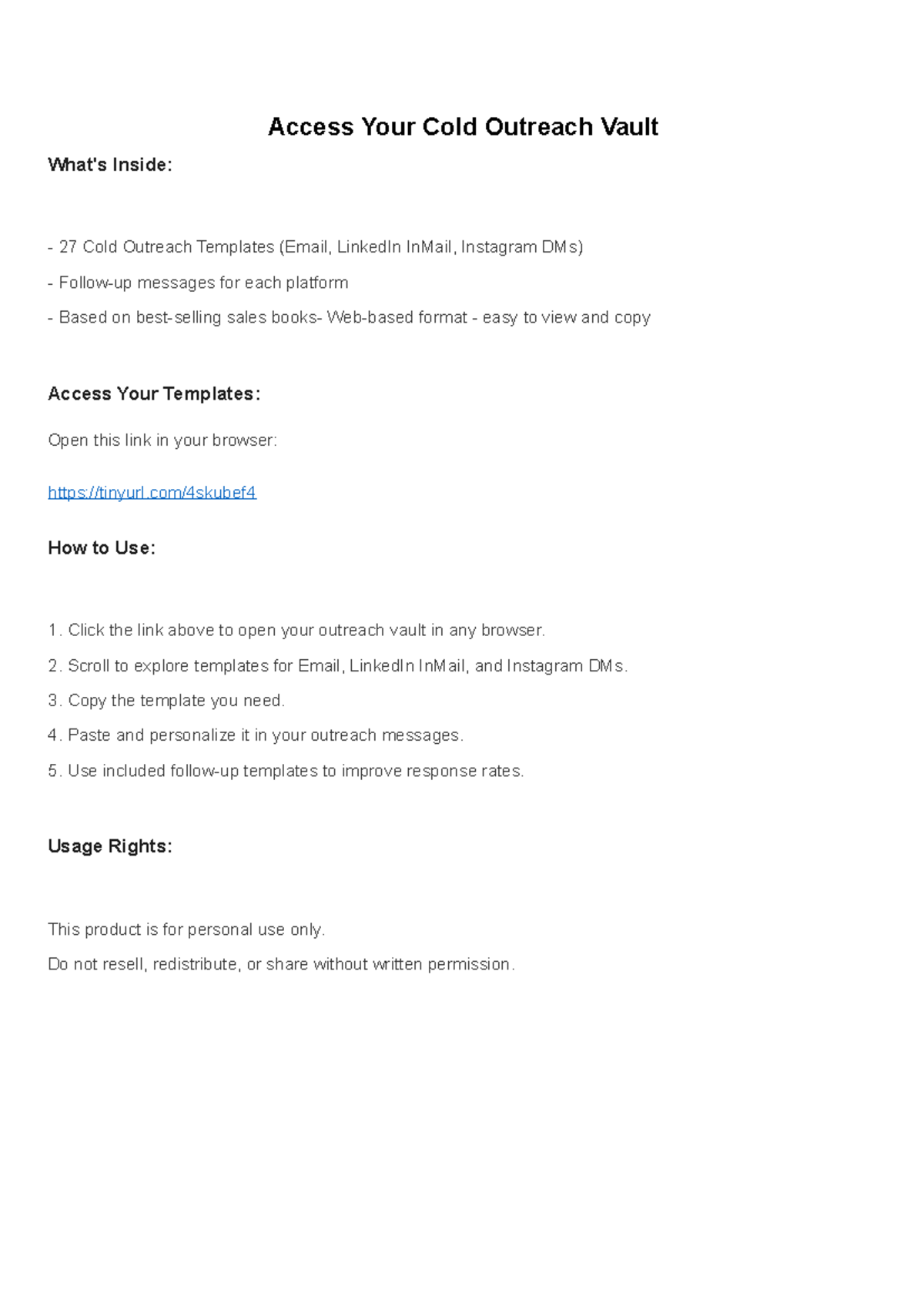 Cold Outreach Vault Access: 27 Templates for Email & DMs - Studocu