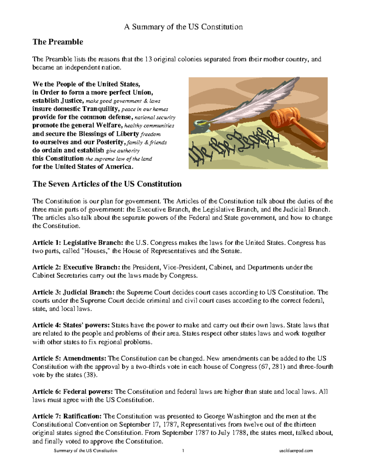 Summary of Parts of US Constitution - A Summary of the US Constitution ...