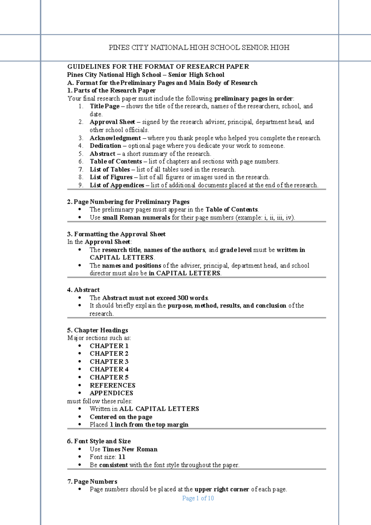 PINES CITY NATIONAL HIGH SCHOOL Senior High Research Paper Format ...