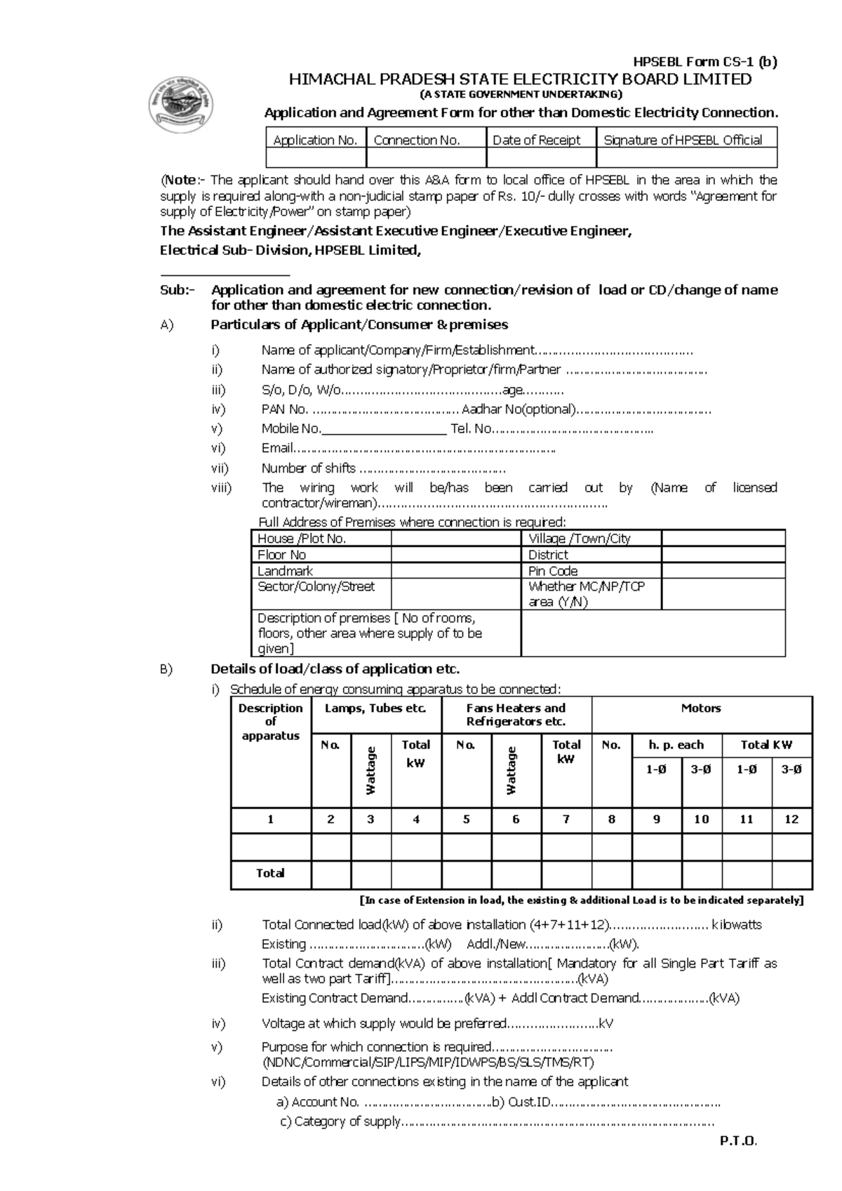 HPSEBL Application & Agreement Form for Non-Domestic Connections - Studocu