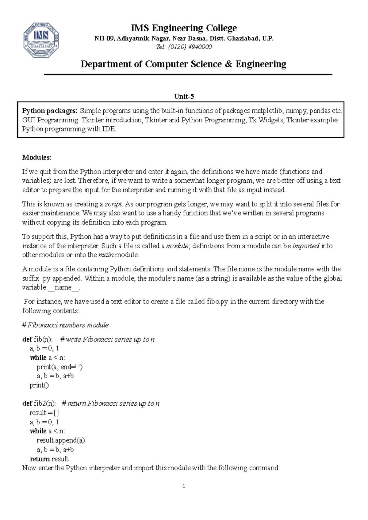 Python Programming Notes: Modules, Packages, and Matplotlib (CSE 31 ...