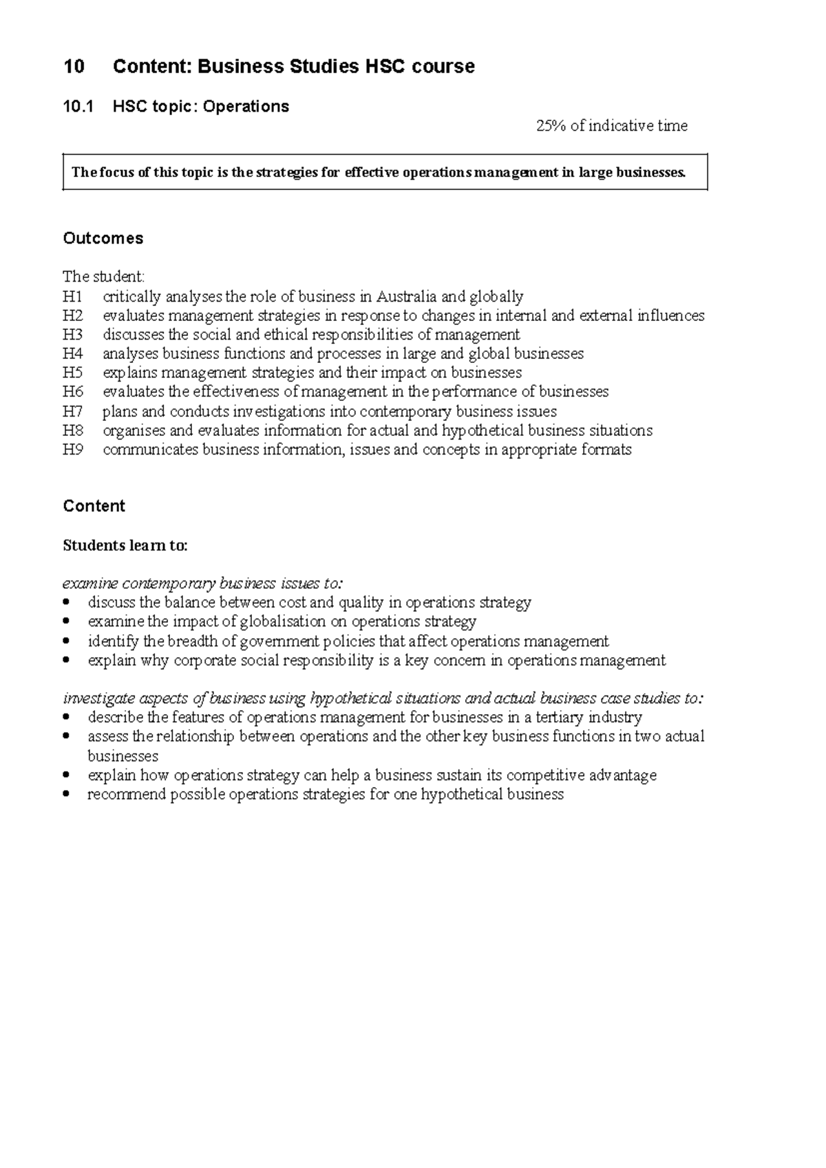 Syllabus Fill-in Business Studies - All Topics - 10 Content: Business ...