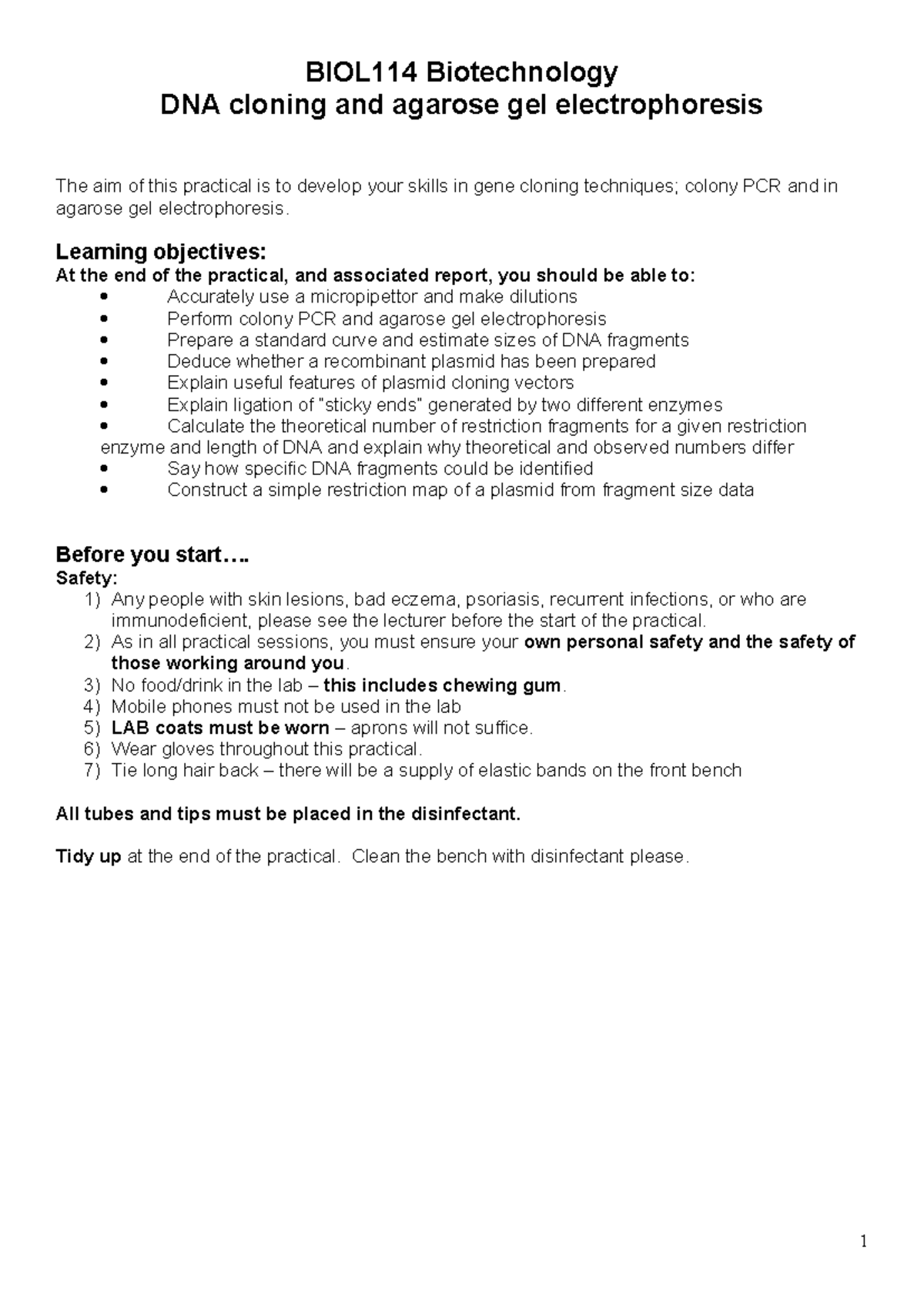BIOL114 Practical: DNA Cloning & Agarose Gel Electrophoresis Guide ...