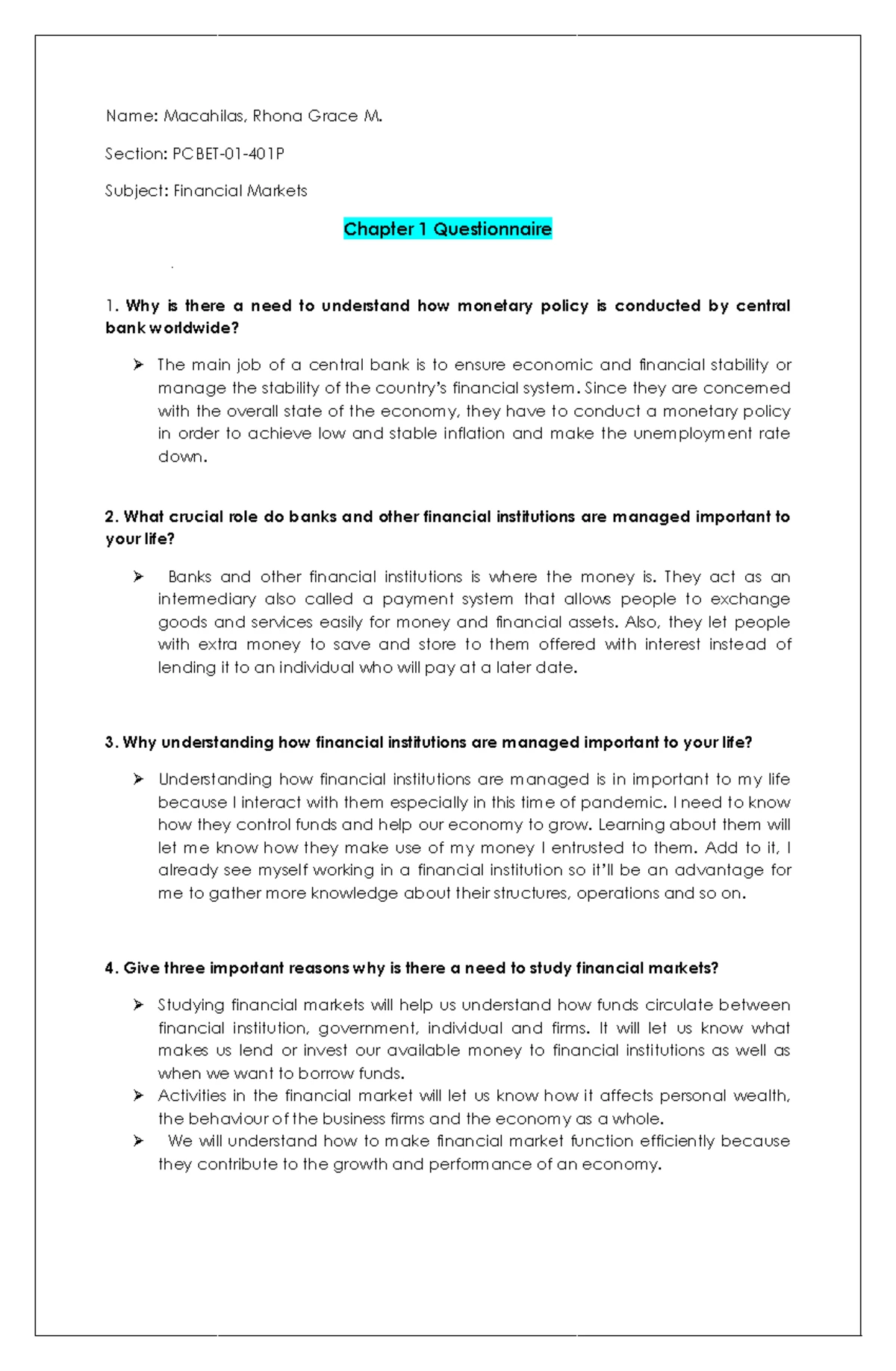 Chapter 1 - Ch 1 Quiz answers - 1 Financial Markets and Institutions ...