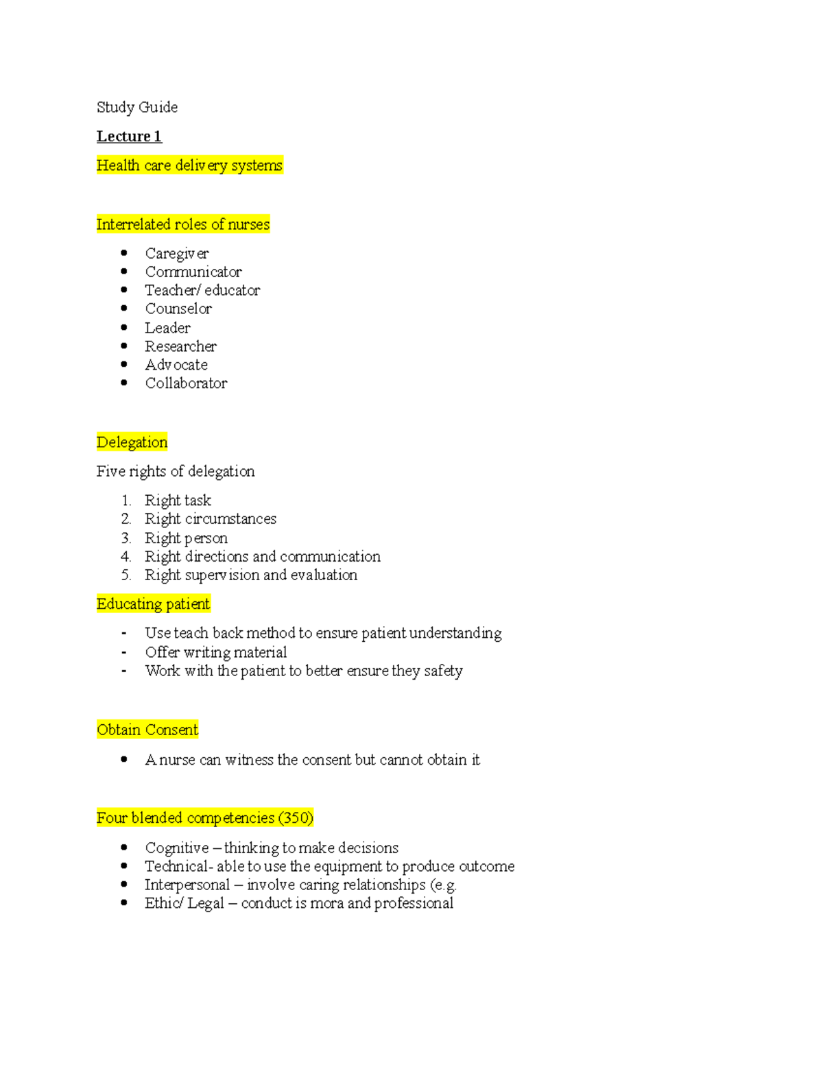 Fundamental study guide 1-2 - Study Guide Lecture 1 Health care ...