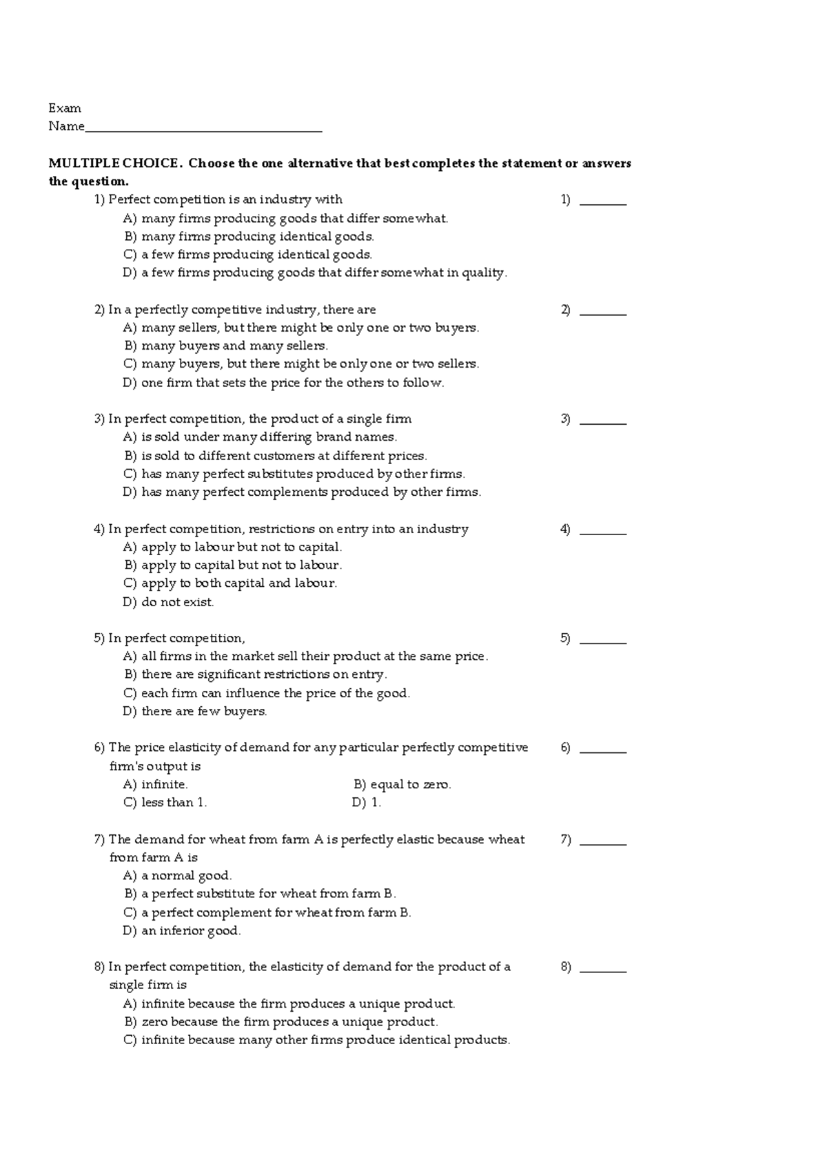 Multiple Choice Questions Chapter 11 Perfect Competition - Exam - Studocu