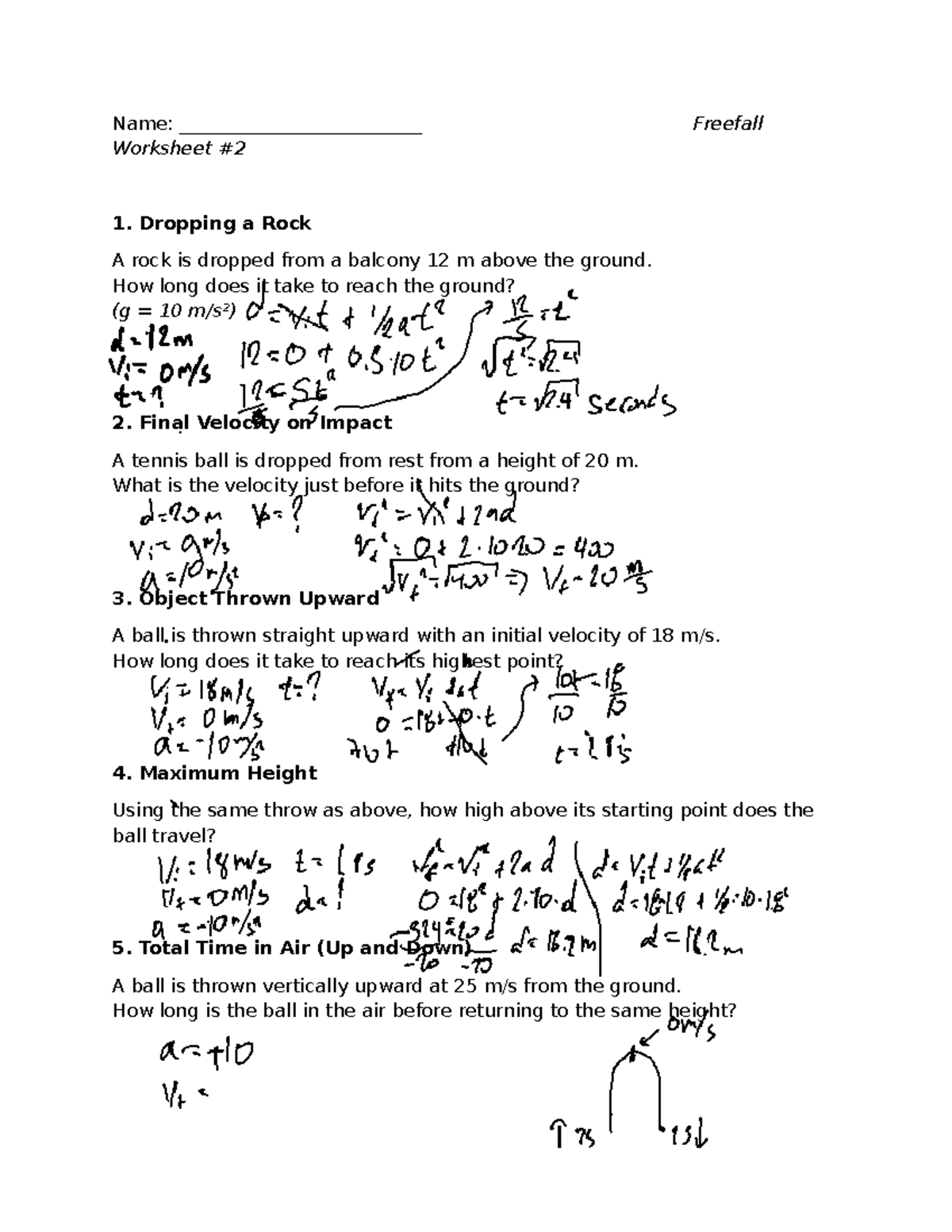 Freefall Worksheet #2: Practice Problems on Motion and Velocity - Studocu