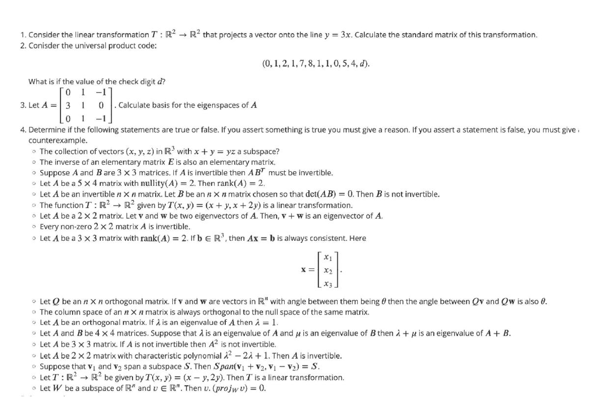 2024 Final Exam Practice: Linear Transformations & Matrices - Studocu