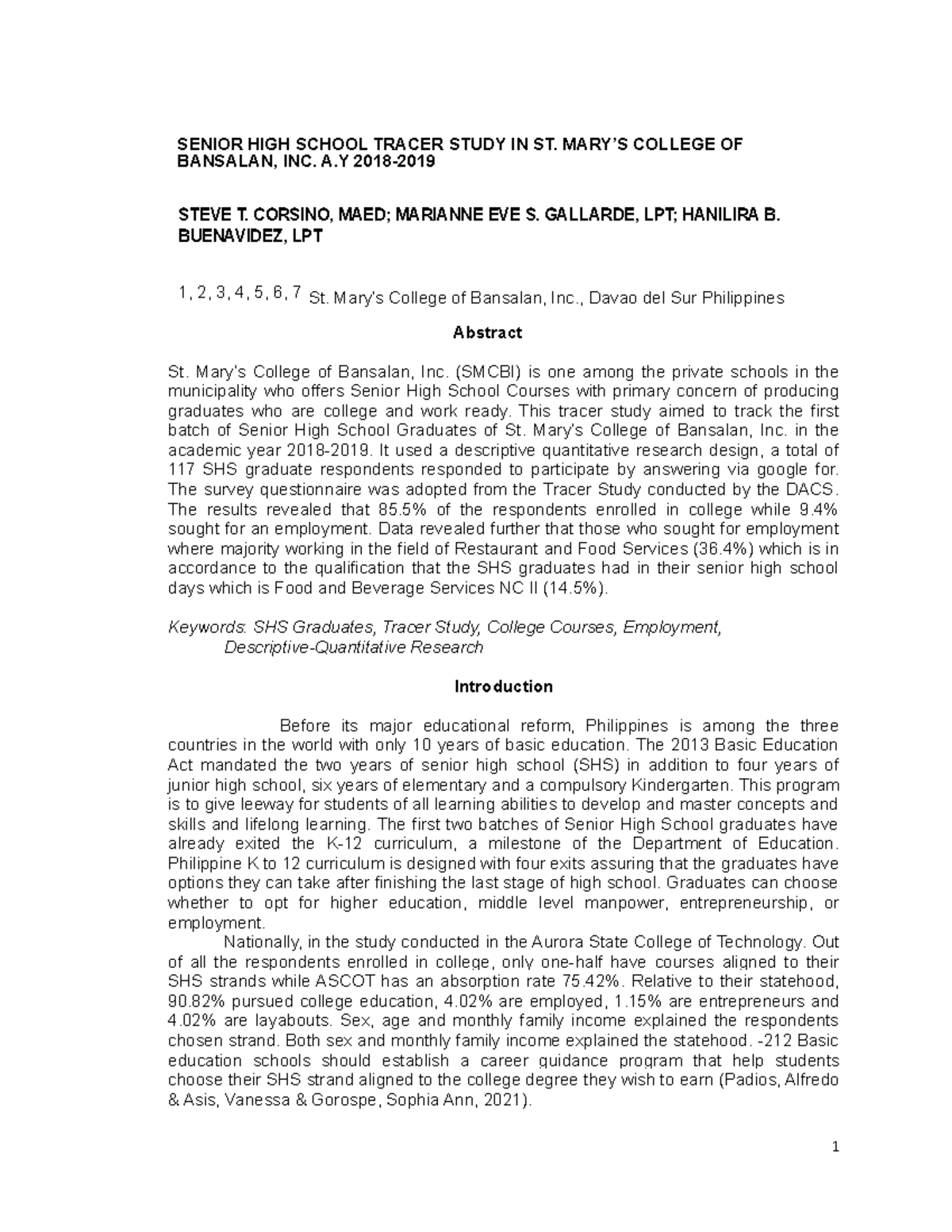 Tracer Study of SHS Graduates at St. Mary's College (A.Y. 2018-2019 ...