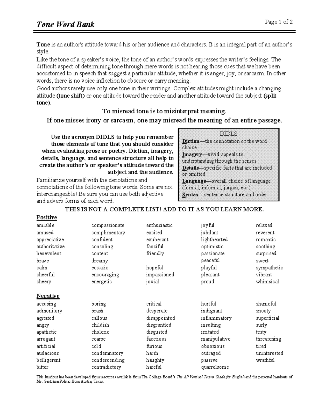 Tone Word Bank Handout for English - AP Course - Studocu