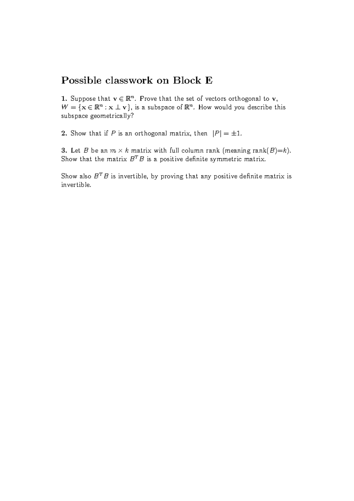 Classwork on Orthogonal Vectors and Positive Definite Matrices - Studocu