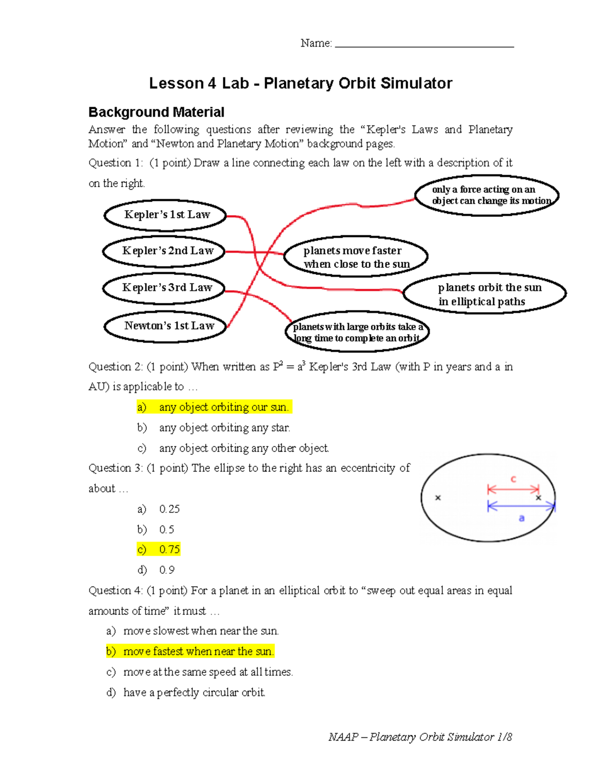 Lesson 4 Lab - Planetary Orbit Simulator Worksheet DOC - Name: Lesson 4 ...