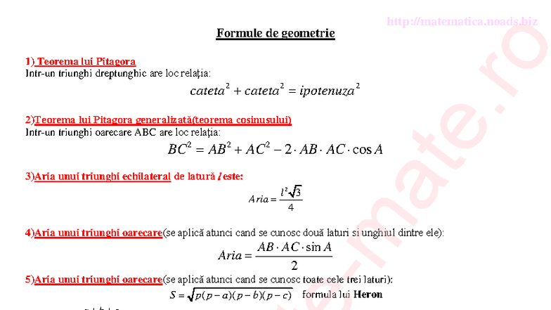 Formule de Geometrie - Teoreme și Calcul pentru Triunghiuri - Studocu