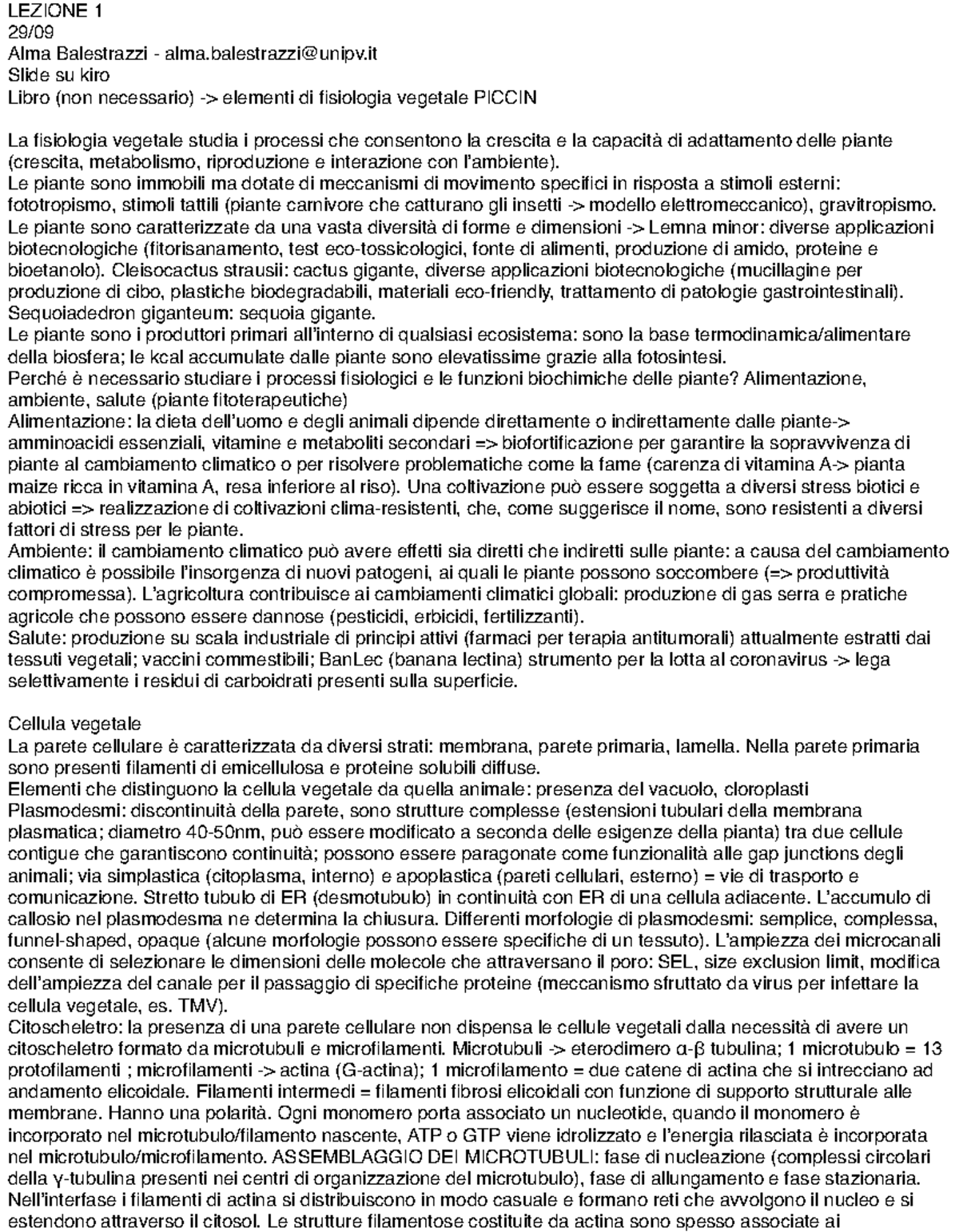 Lezione 1: Fisiologia Vegetale e Meccanismi di Adattamento - Studocu