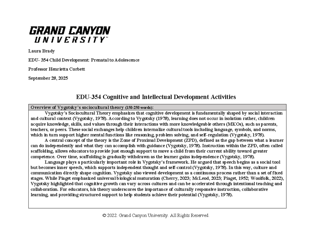 EDU-354 Child Development: Cognitive & Intellectual Activities Overview ...