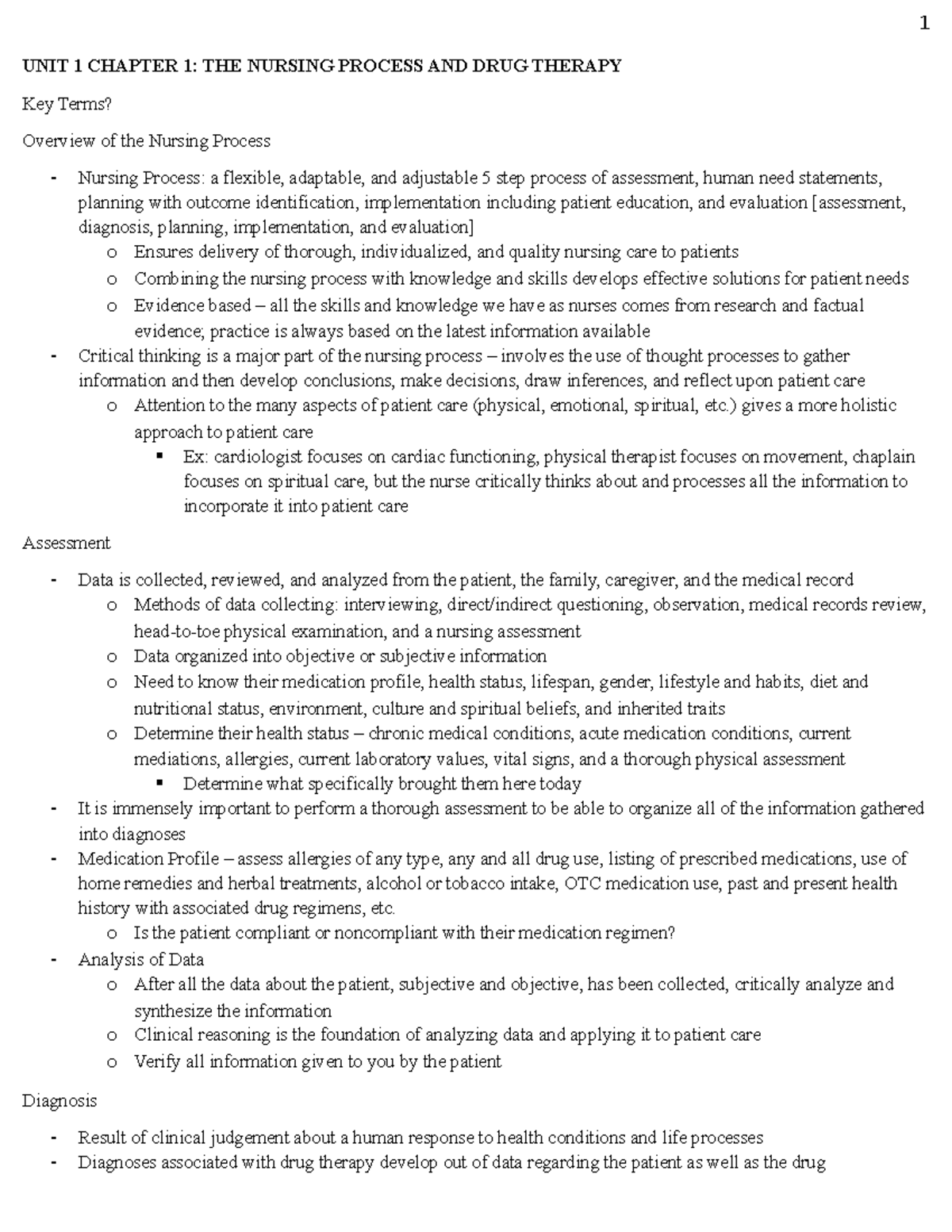 Unit 1 Nursing Process & Pharmacologic Principles Overview - Studocu