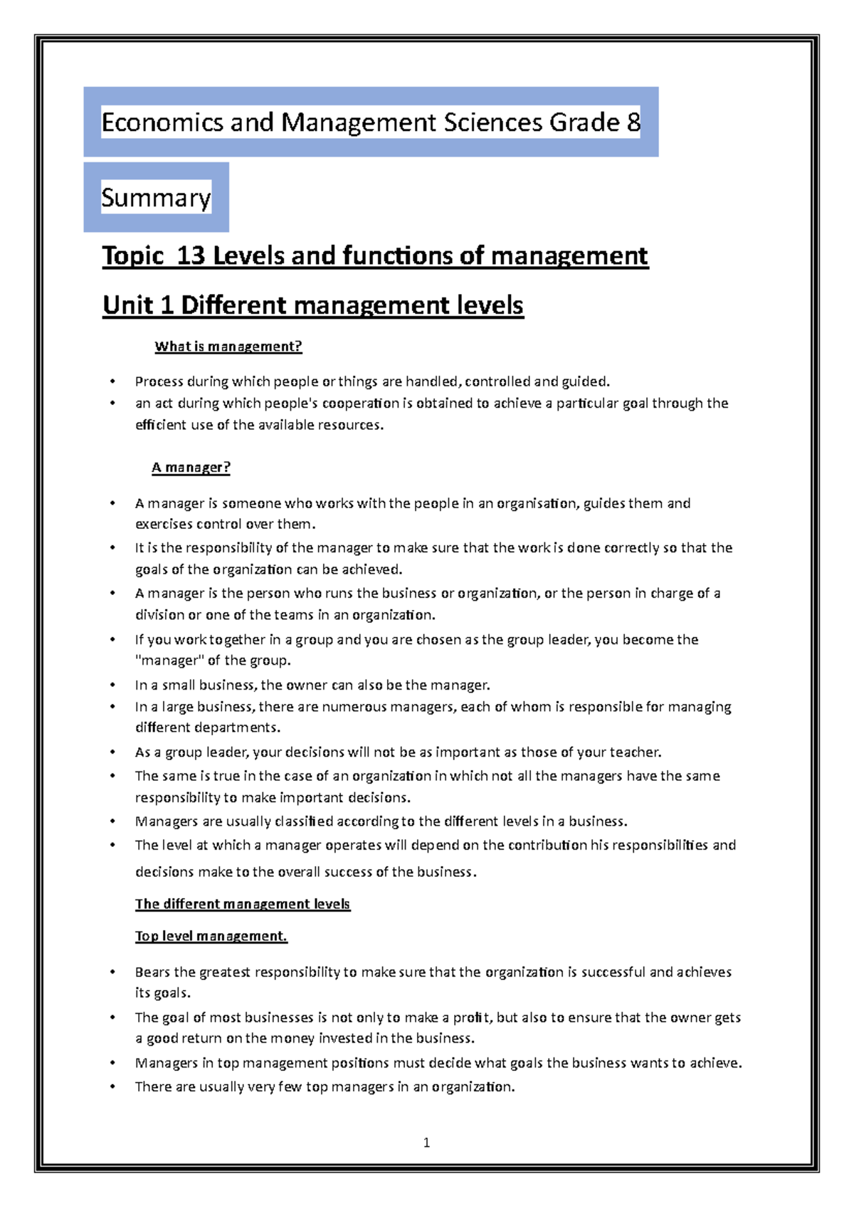 Ems Grade 8 Term 4 Summary: Management Levels & Functions - Studocu