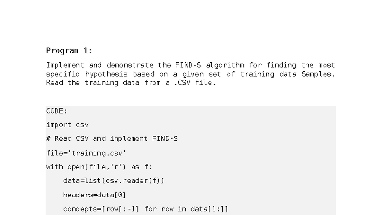 CS101: Find S Algorithm Implementation and Demonstration - Studocu