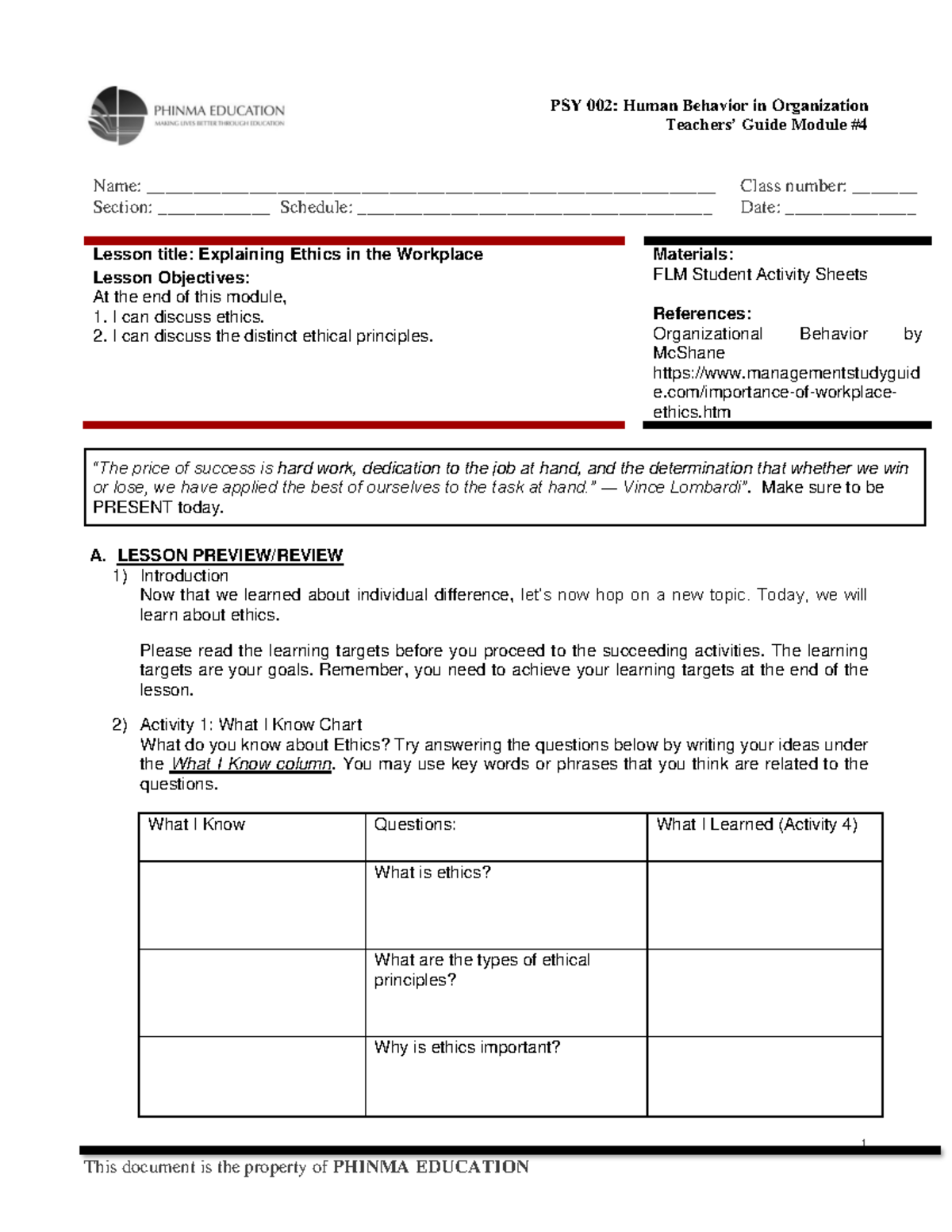 PSY 002: Ethics in the Workplace - Lesson Guide and Activities - Studocu