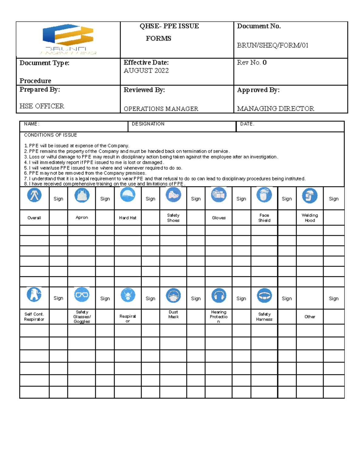 01- PPE Issue Register - Procedures and Conditions of Issue - Studocu