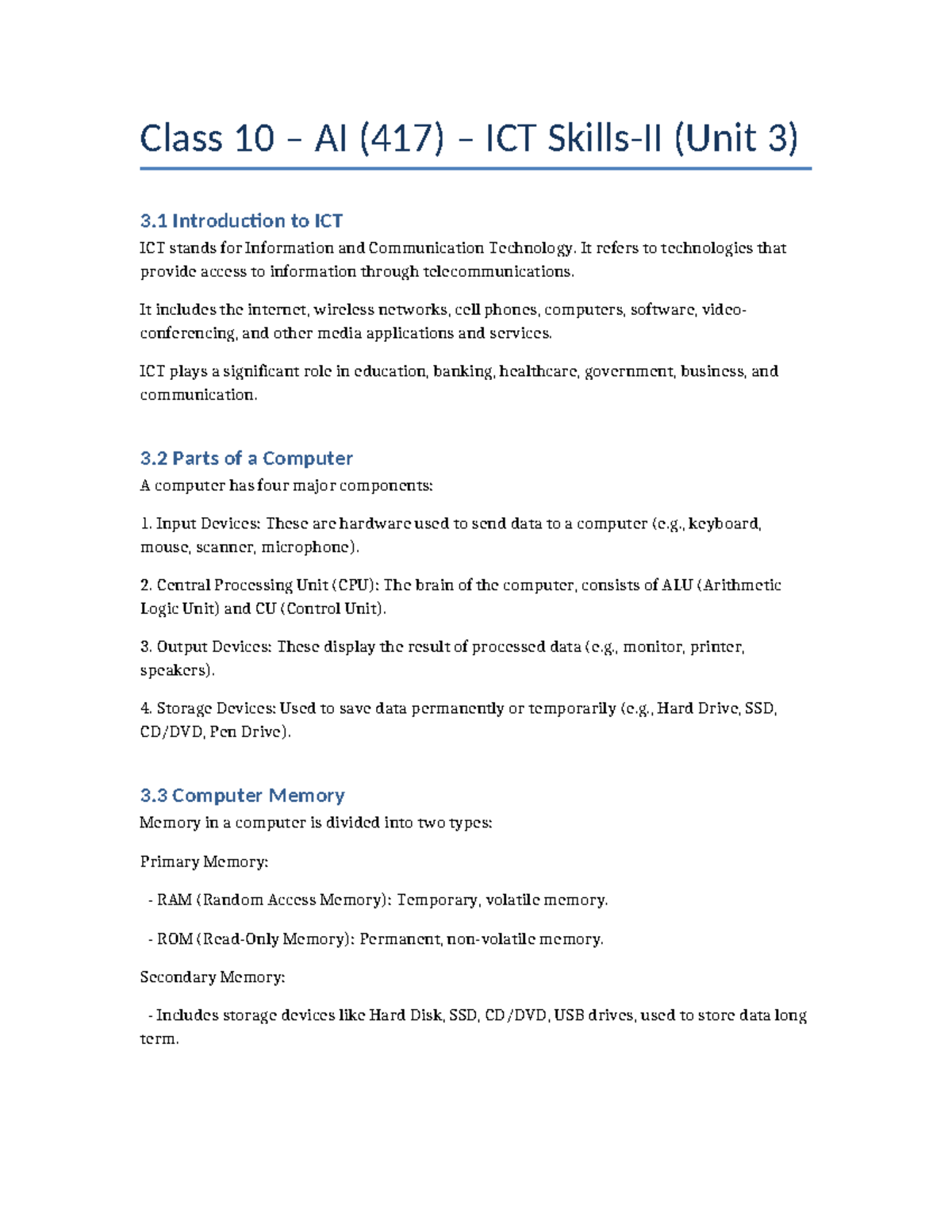 Class 10 AI (417) ICT (Unit 3) Summary: Key Concepts and Skills - Studocu