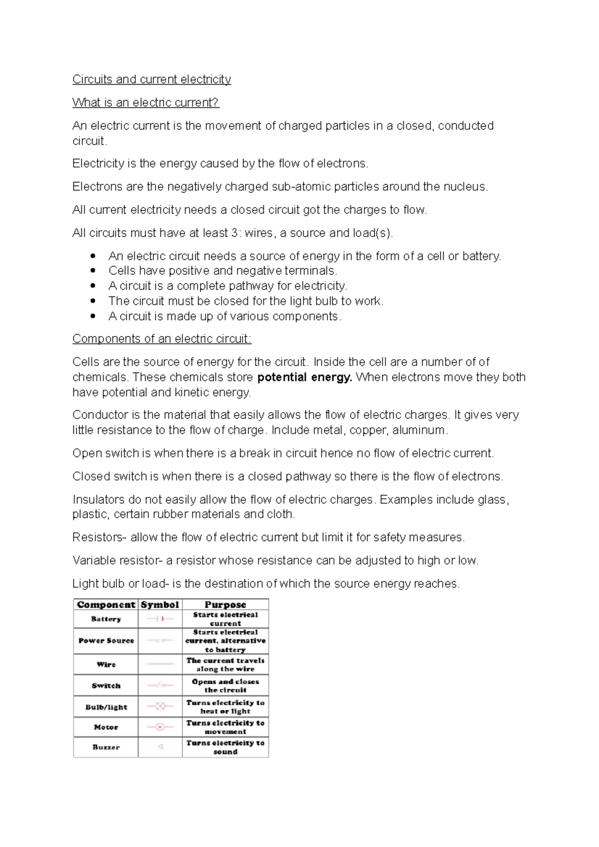 Electric Circuits and Current Electricity Overview - Physics 101 - Studocu