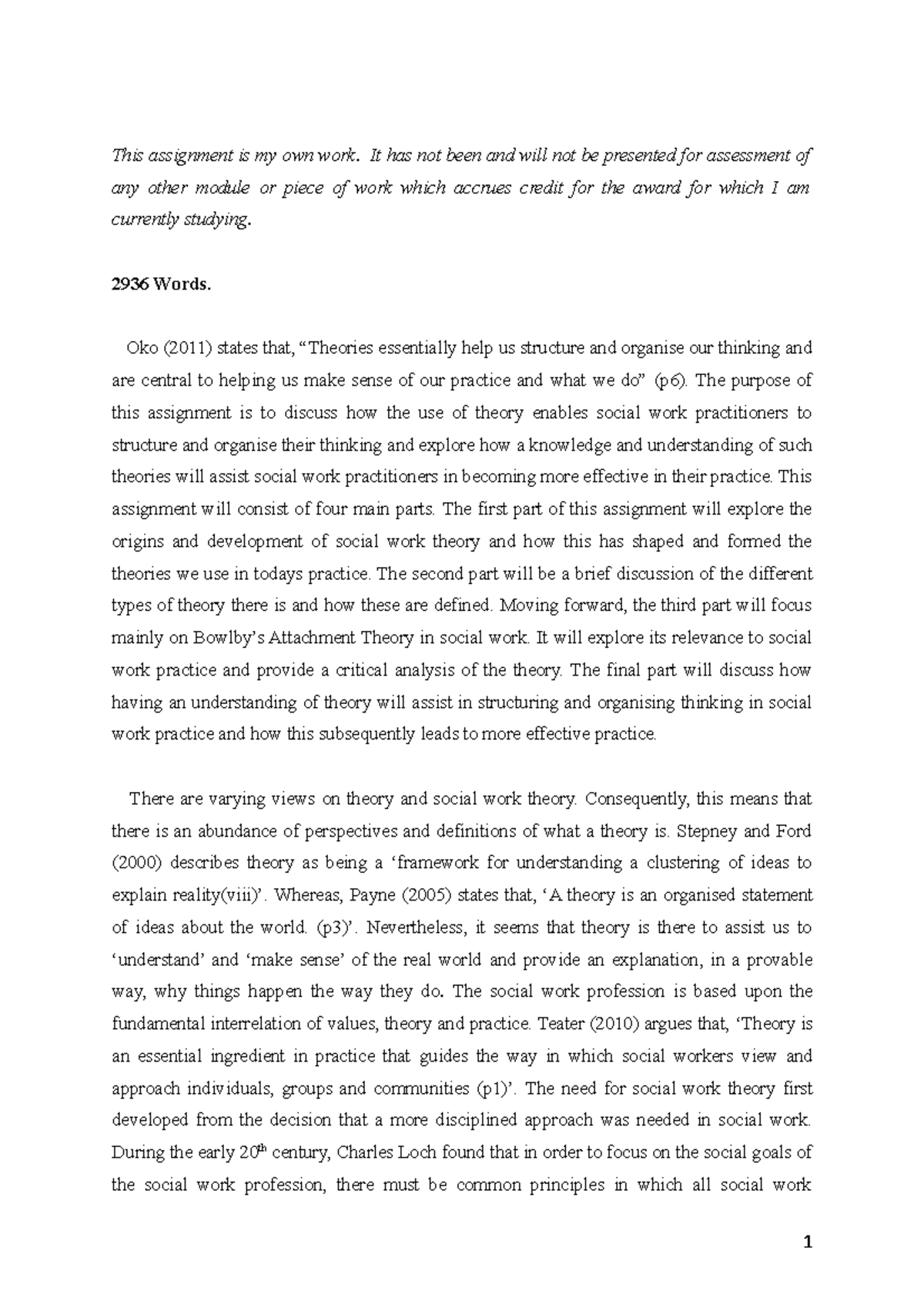 Social Work Theory Essay (SWT101) - Analyzing Attachment Theory - Studocu