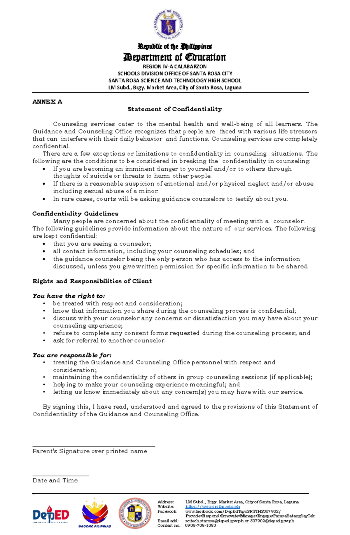 Annex A: Confidentiality Guidelines for Counseling Services - Studocu