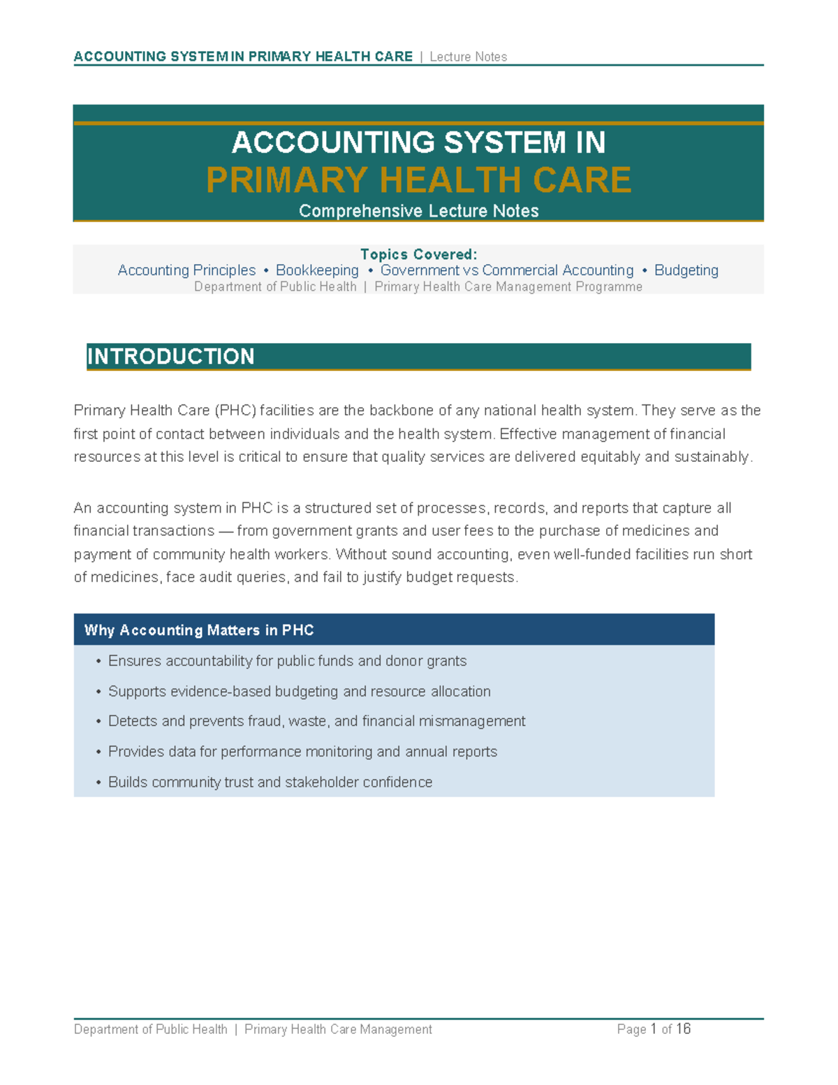 ACCOUNTING SYSTEM IN PRIMARY HEALTH CARE (PHC) Lecture Notes - Studocu