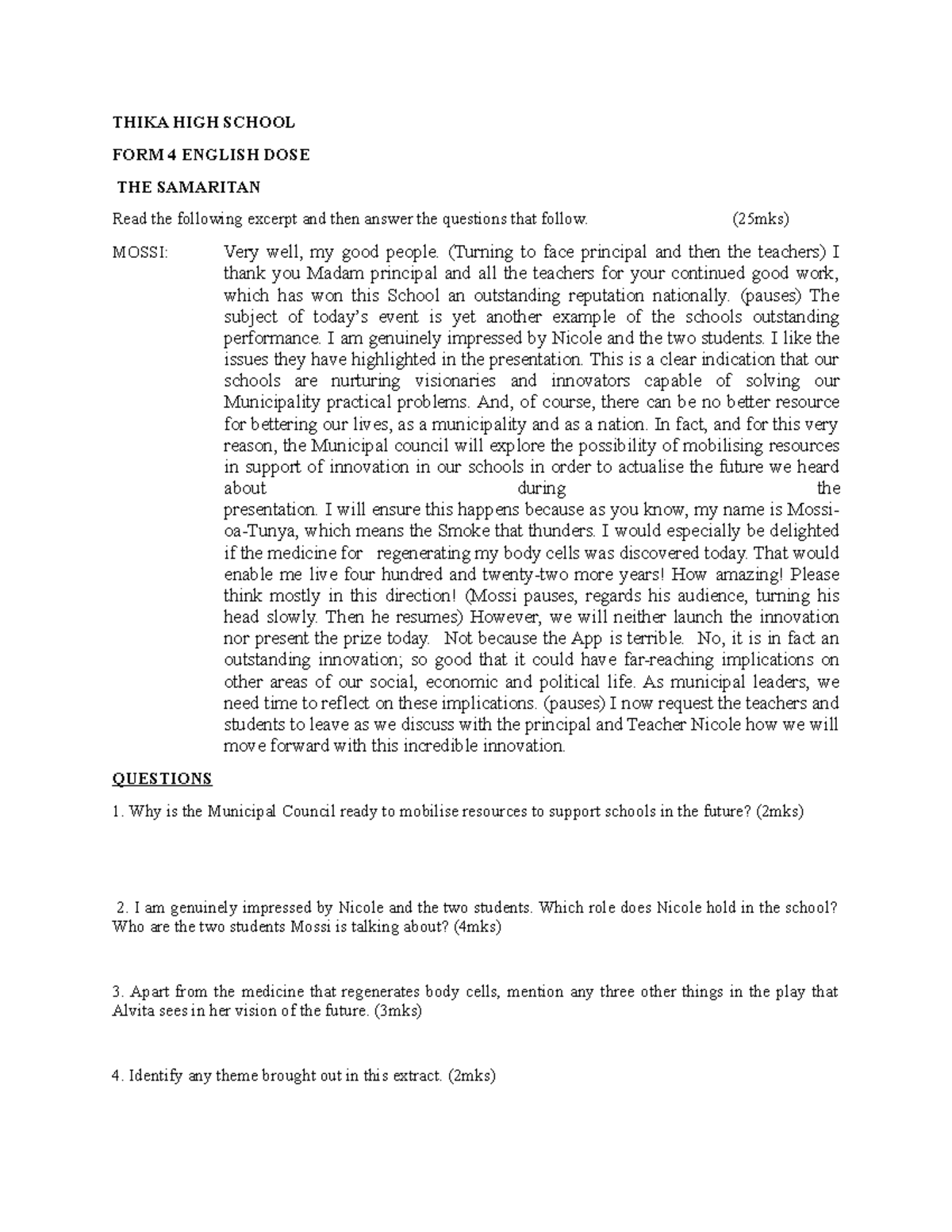 Form 4 English: The Samaritan Excerpt Analysis & Questions (25mks) - Studocu