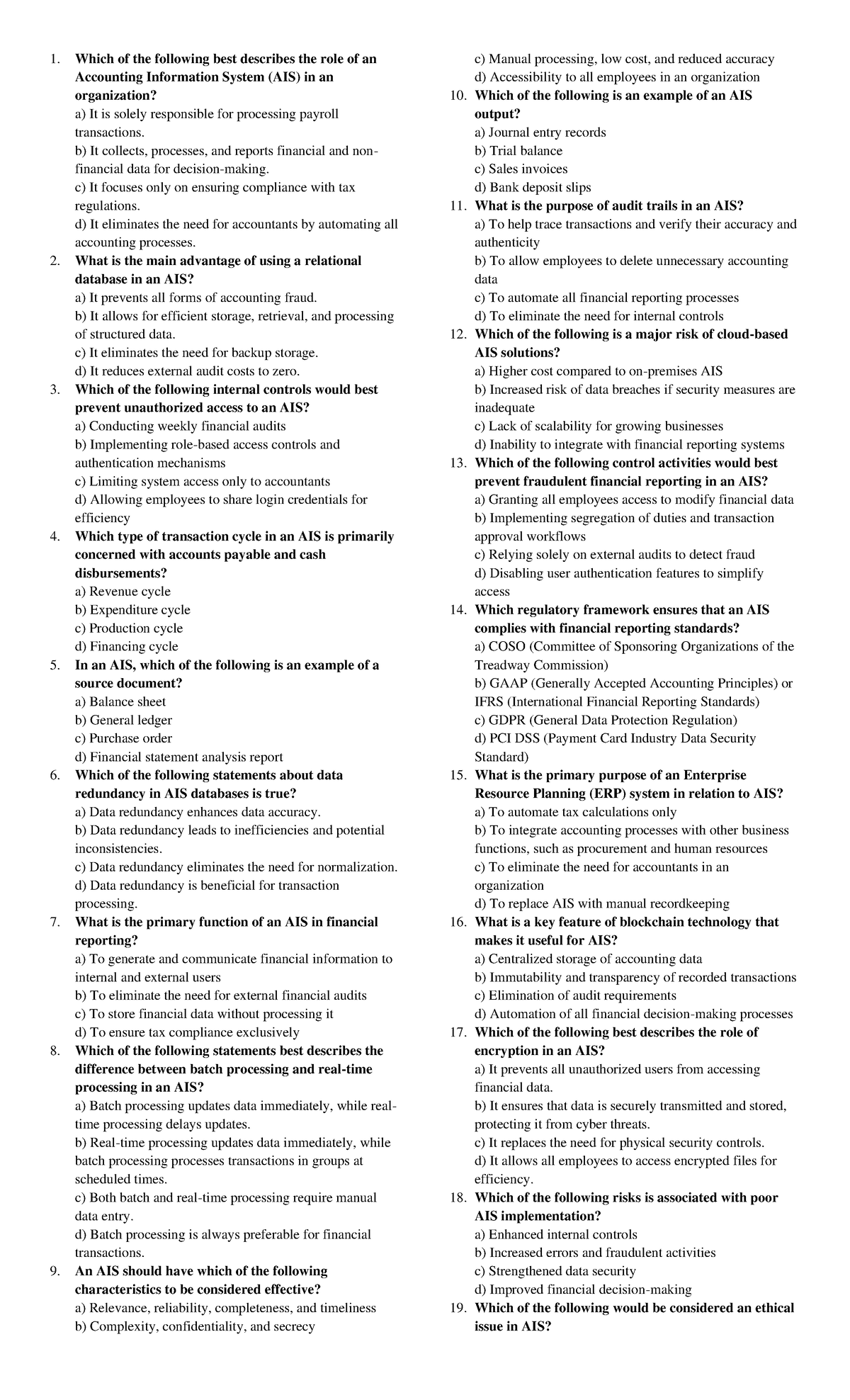 Ais prelims practice questions - Which of the following best describes the role of an Accounting ...