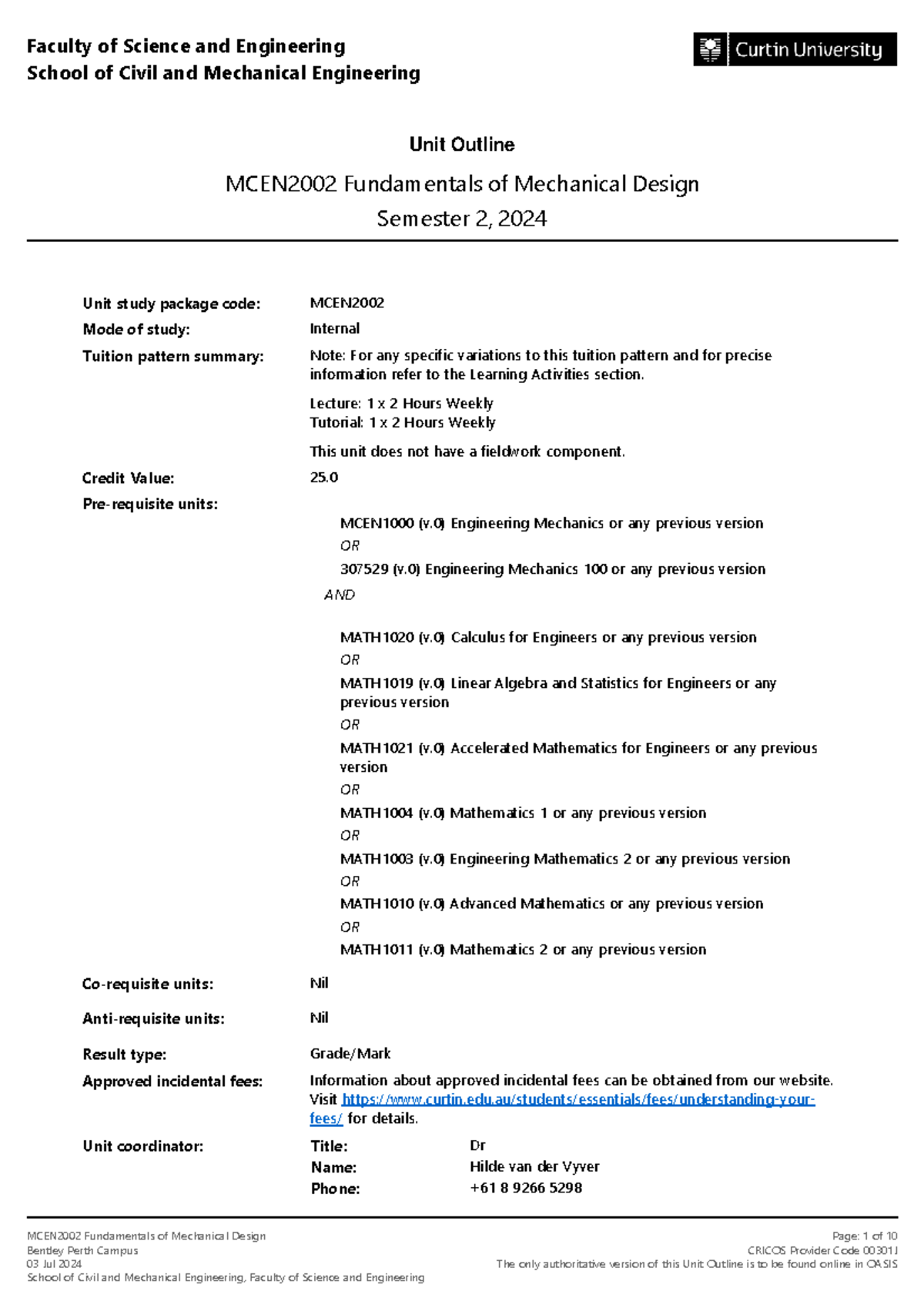 MCEN2002 Unit Outline: Fundamentals of Mechanical Design - Semester 2 ...
