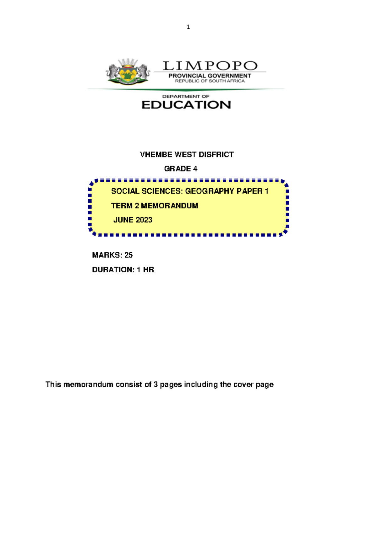 Grade 4 Social Sciences Geography Paper 1 Term 2 Memo 2023 - Studocu