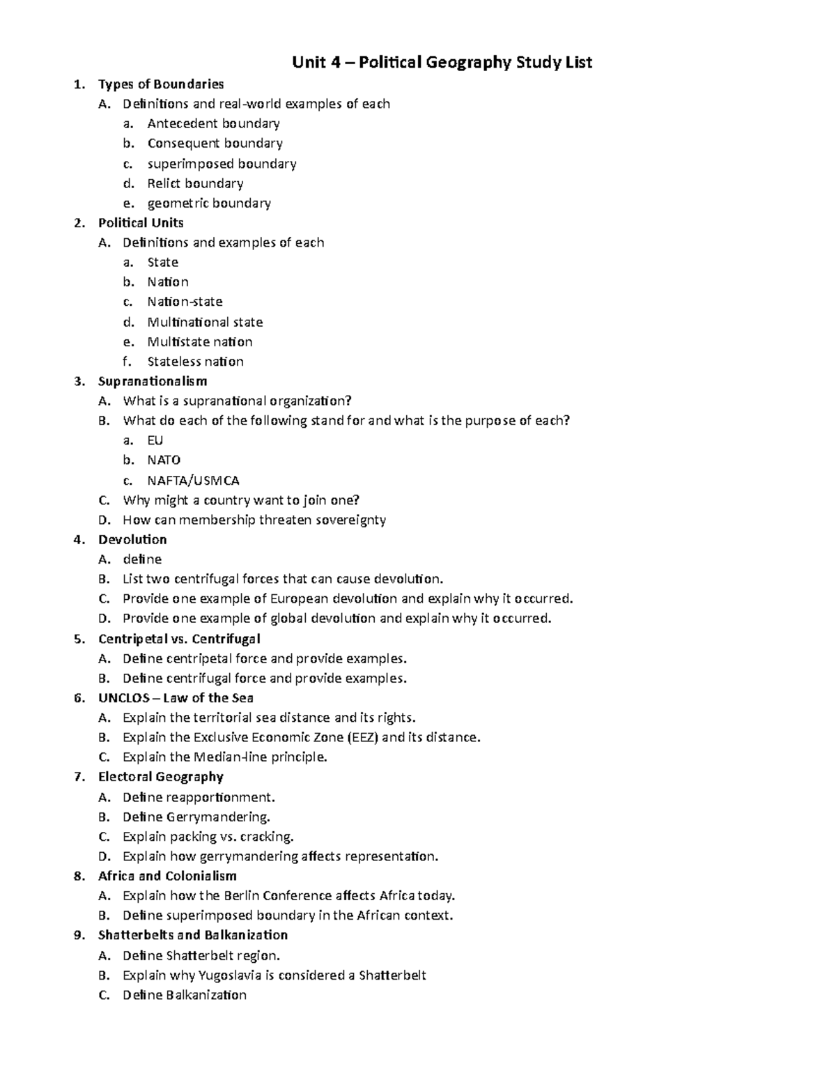 Unit 4 – Political Geography Study Guide: Boundaries & Concepts - Studocu