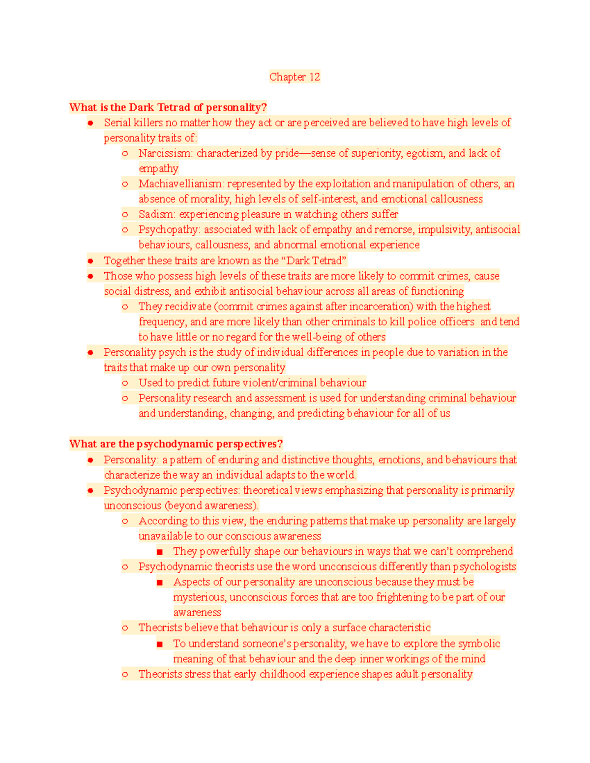 PSY100 Chapter 12: The Dark Tetrad and Psychodynamic Perspectives - Studocu