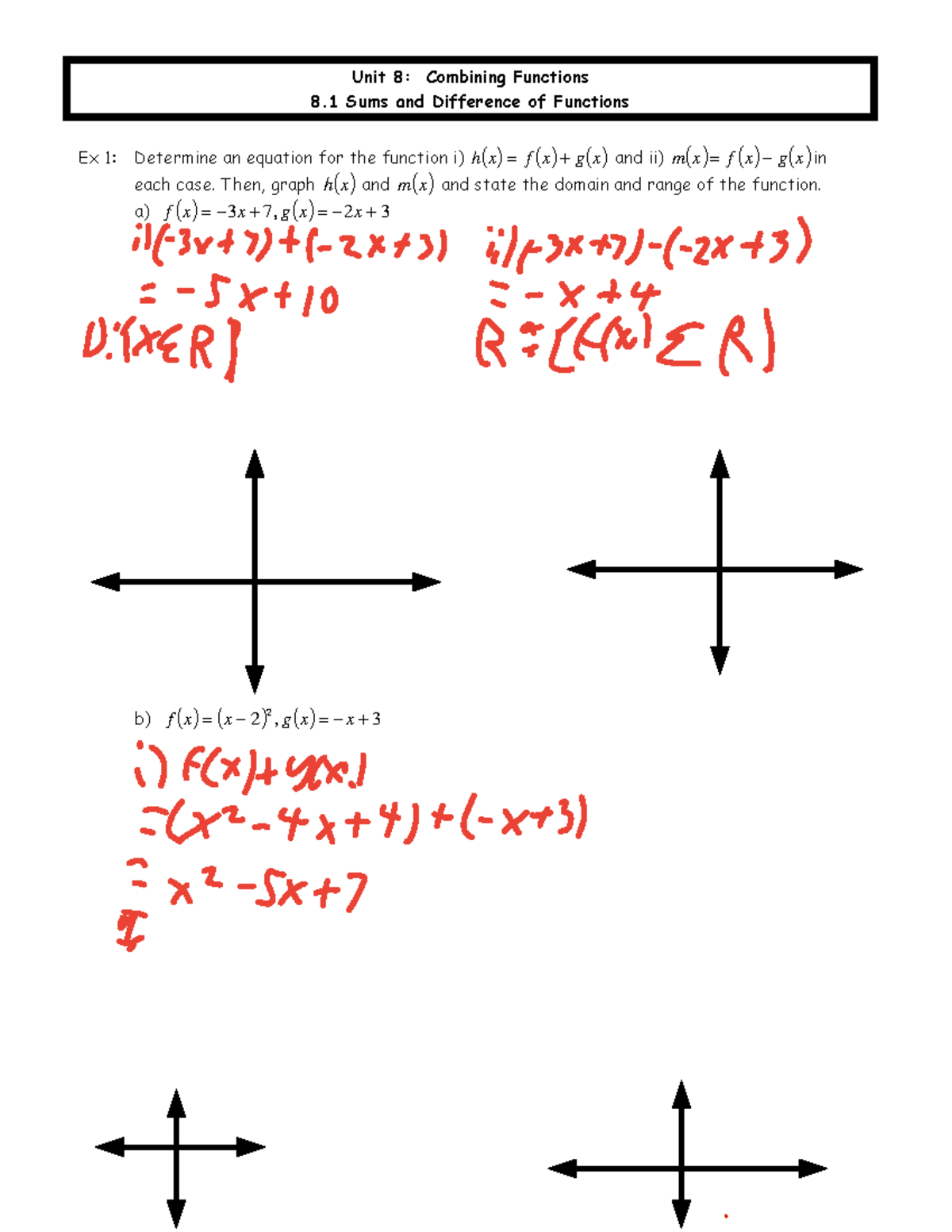 Unit 8: Combining Functions - Practice on Sums, Differences ...