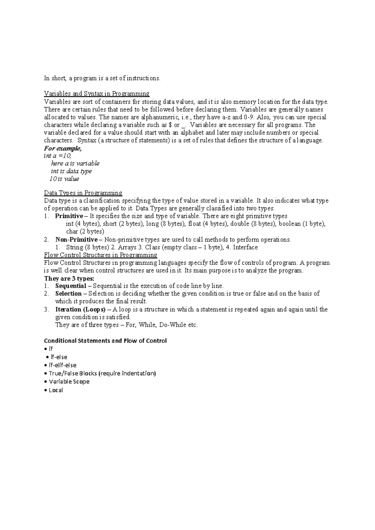 Programming Basics: Variables, Syntax, and Control Structures - Studocu
