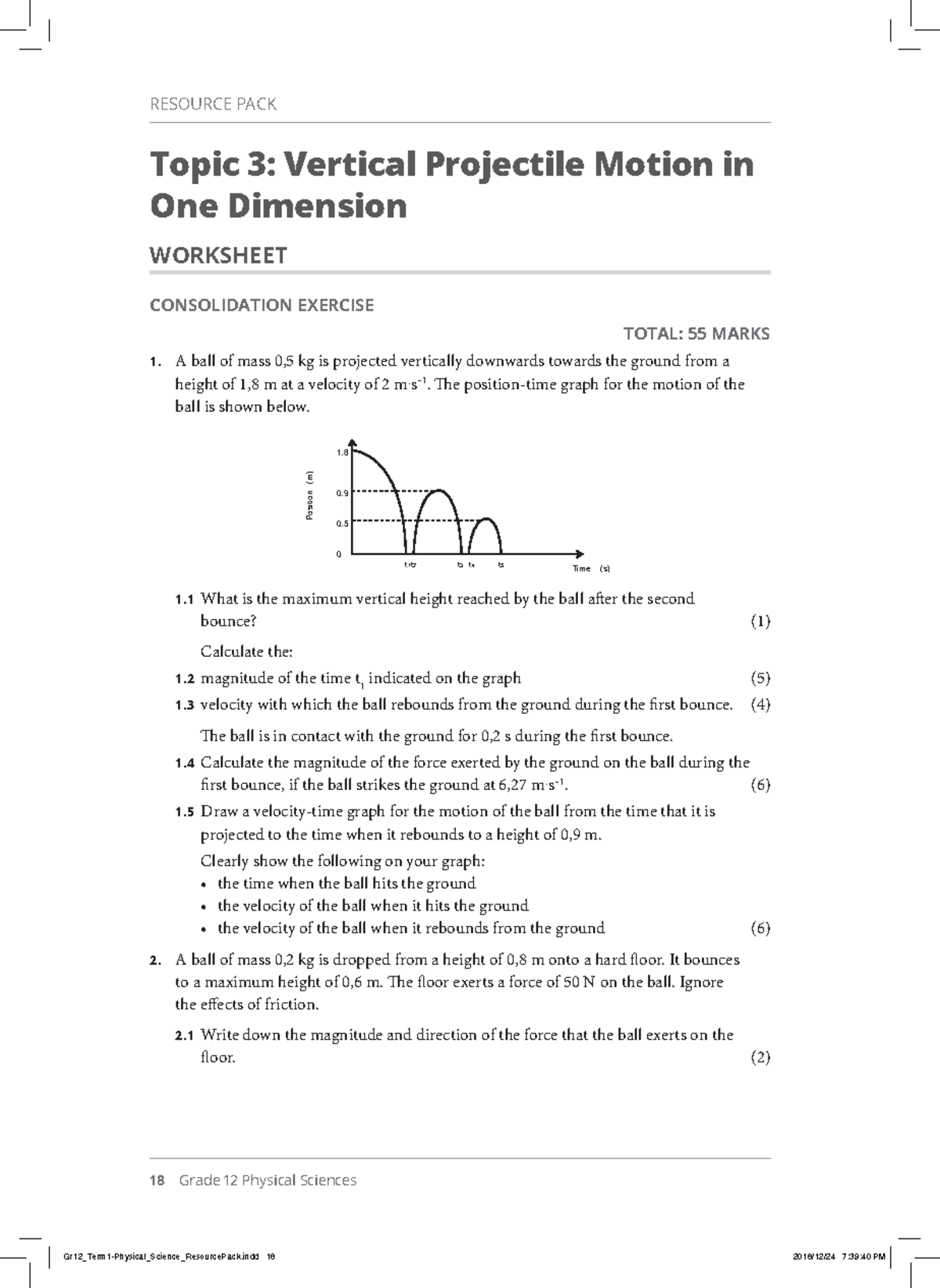 Grade 12 Physical Sciences Worksheet: Vertical Projectile Motion - Ygh ...