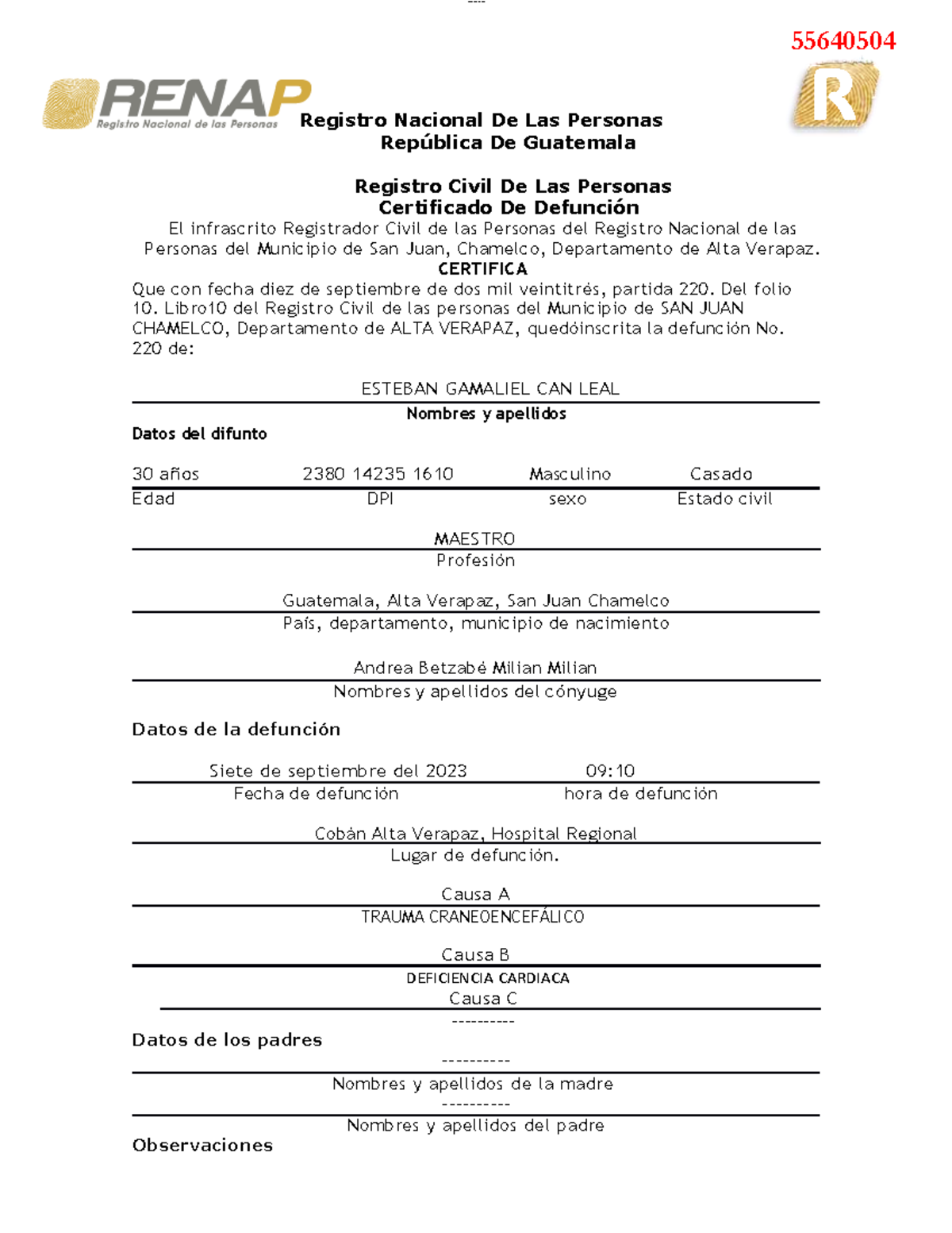 Certificado de Defunción RENAP Guatemala - Esteban Gamaliel Can Leal ...