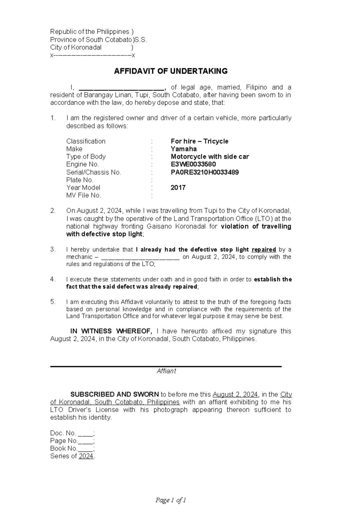 Affidavit of Undertaking for LTO Repair - South Cotabato 2024 - Studocu