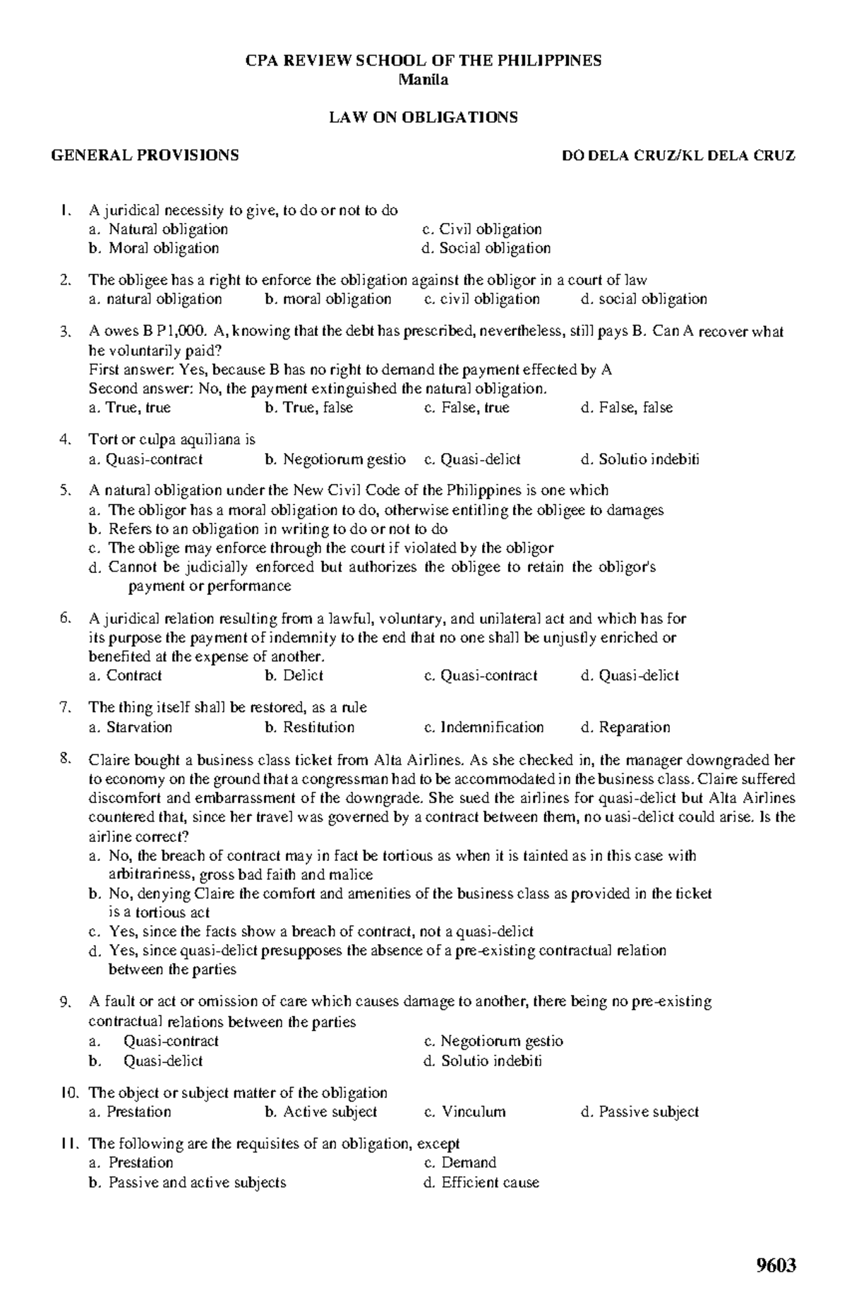 CPA 9603: Obligations - Multiple Choice Questions Review - Studocu