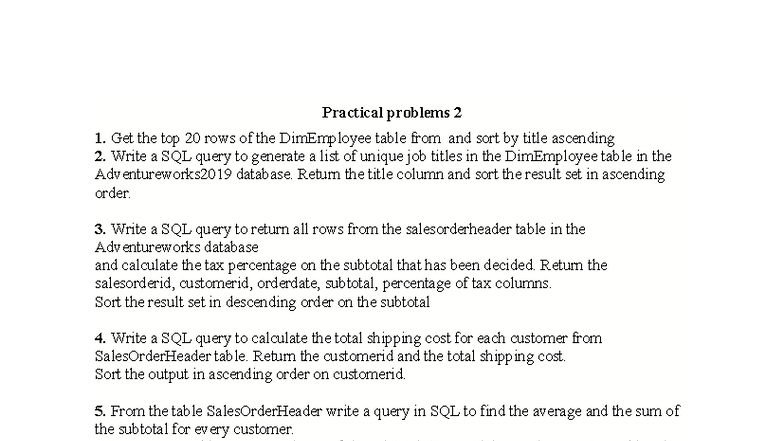 SQL Queries for Practical Problems 2 in AdventureWorks2019 - Studocu